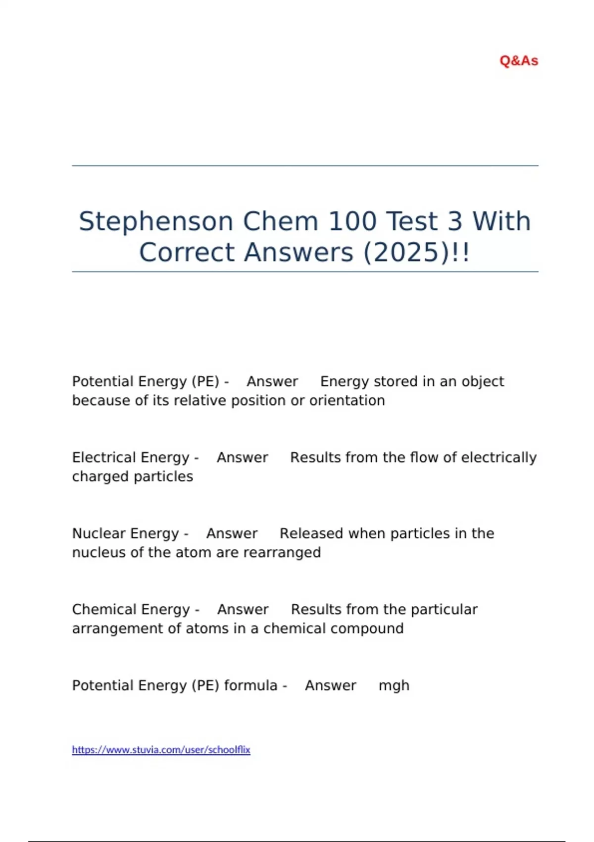 Stephenson Chem 100 Test 3 With Correct Answers (2025)!! - CHEM 100 ...