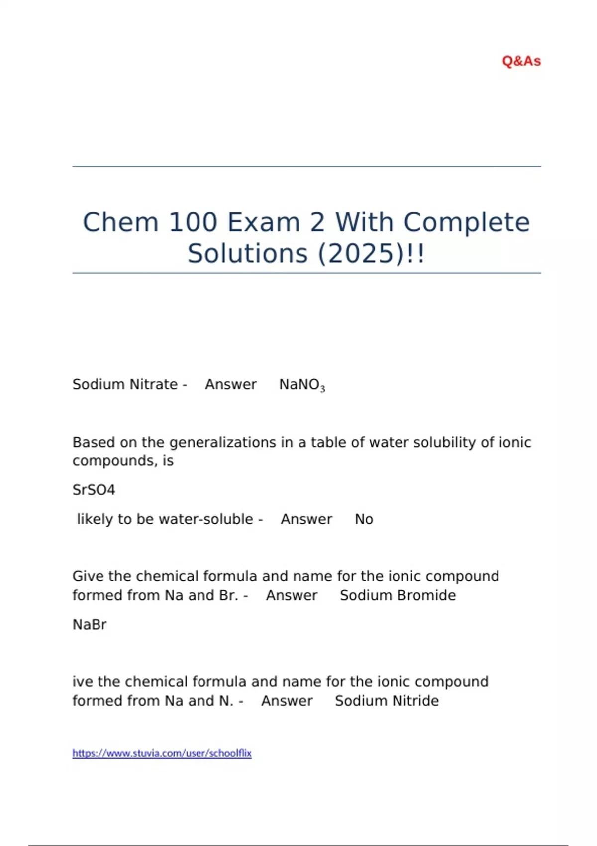 Chem 100 Exam 2 With Complete Solutions (2025)!! - CHEM 100 - Stuvia US