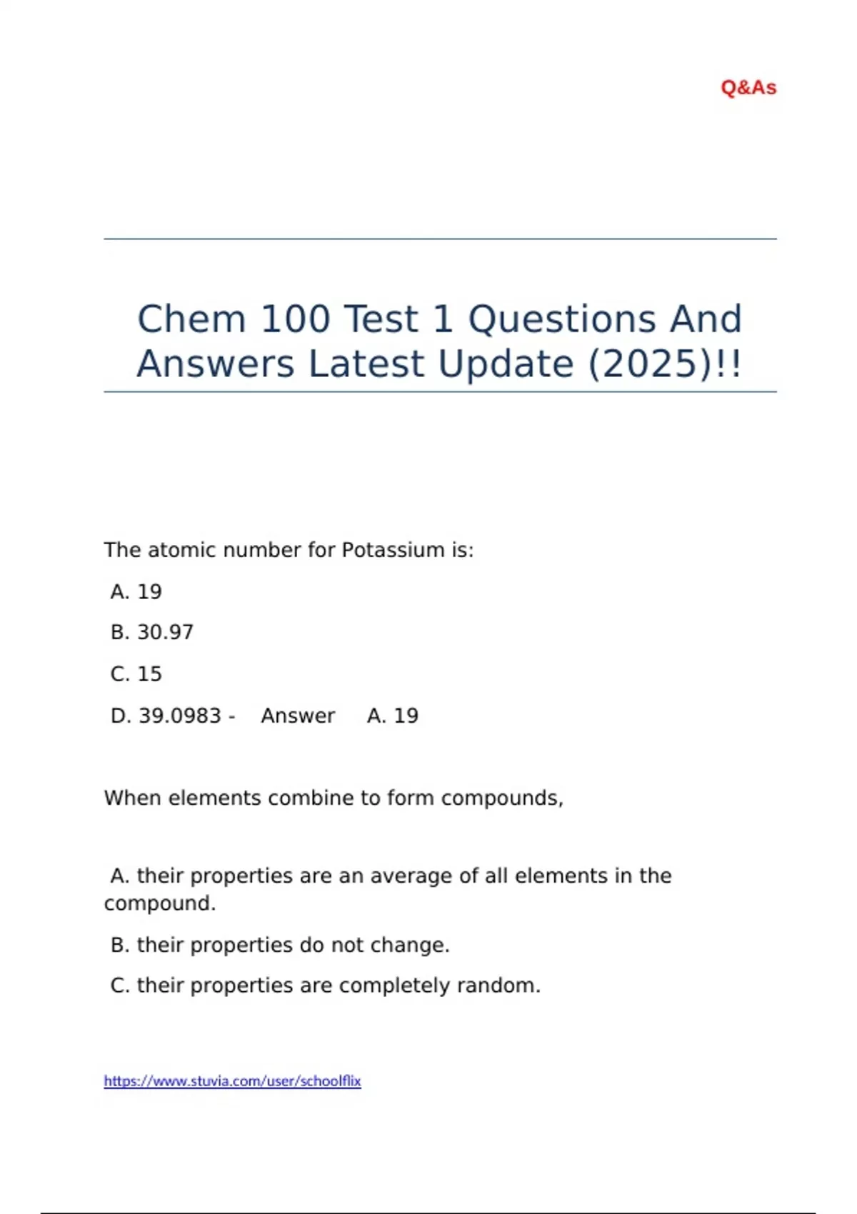 Chem 100 Test 1 Questions And Answers Latest Update (2025)!! - CHEM 100 ...