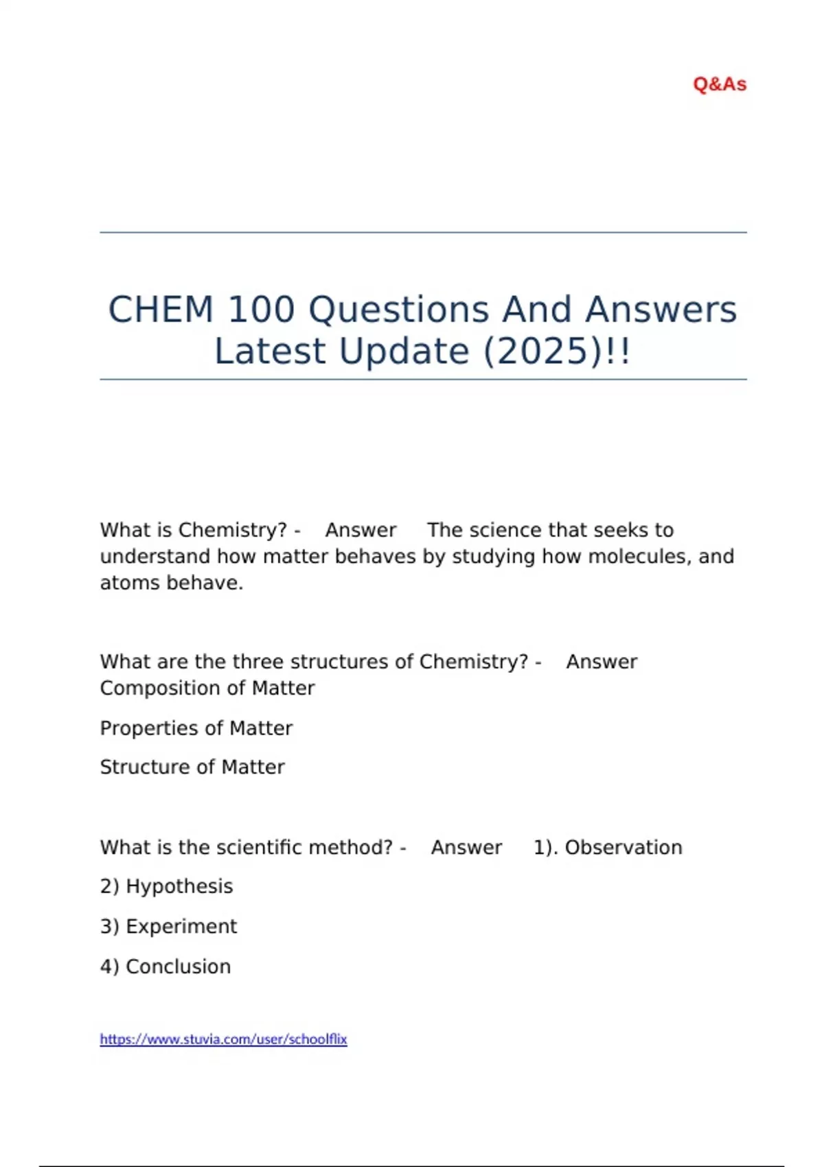 CHEM 100 Questions And Answers Latest Update (2025)!! - CHEM 100 ...