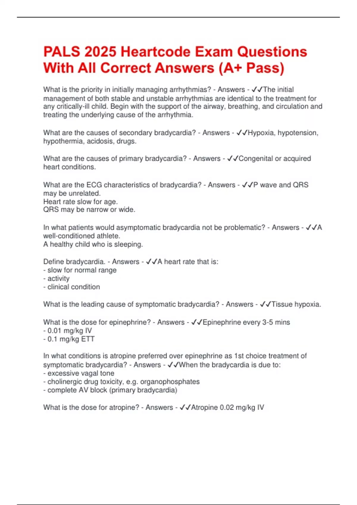 PALS 2025 Heartcode Exam Questions With All Correct Answers (A+ Pass ...
