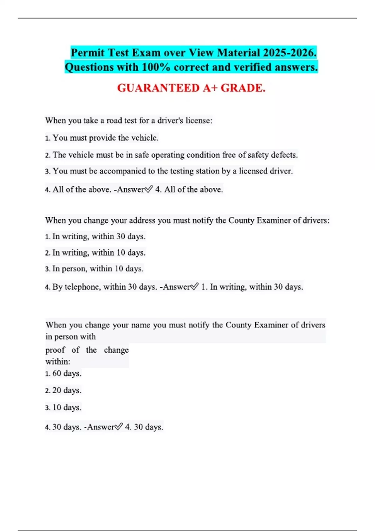 Permit Test Exam over View Material . Questions with 100% correct and ...