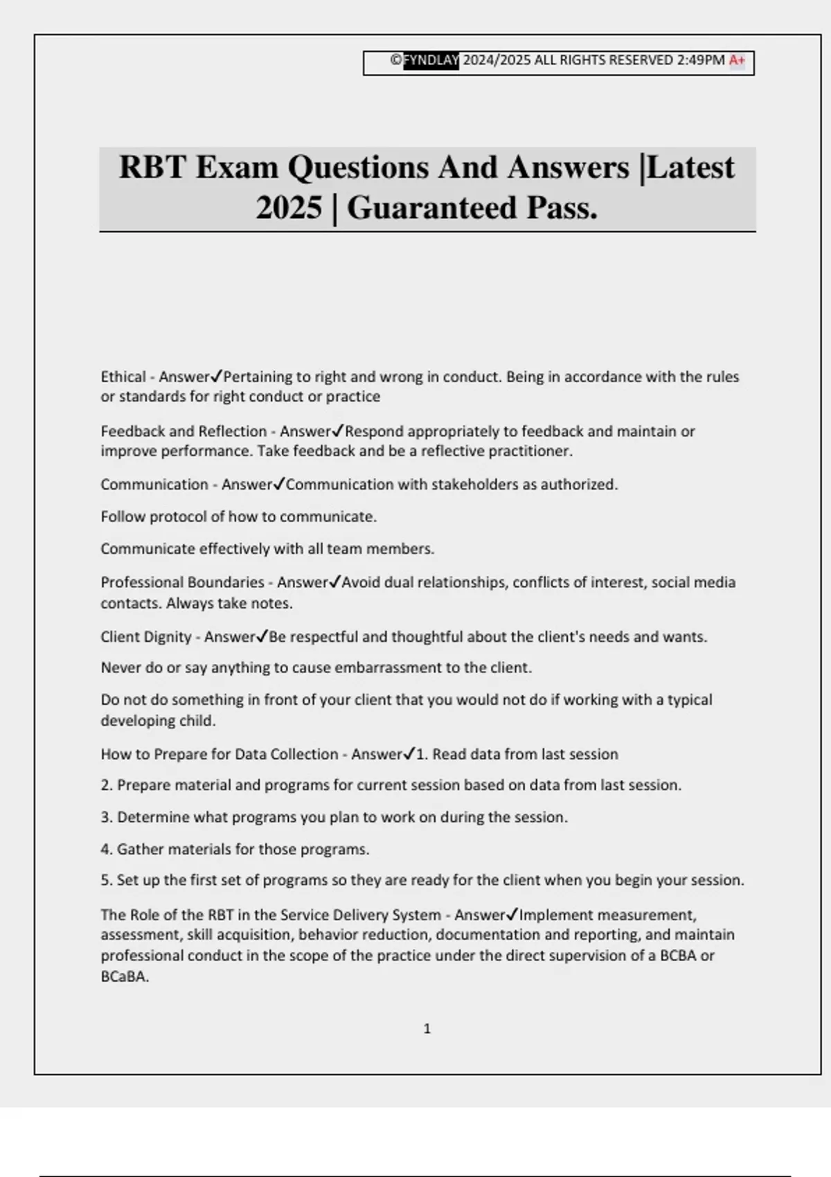 RBT Exam Questions And Answers |Latest 2025 | Guaranteed Pass. - RBT ...