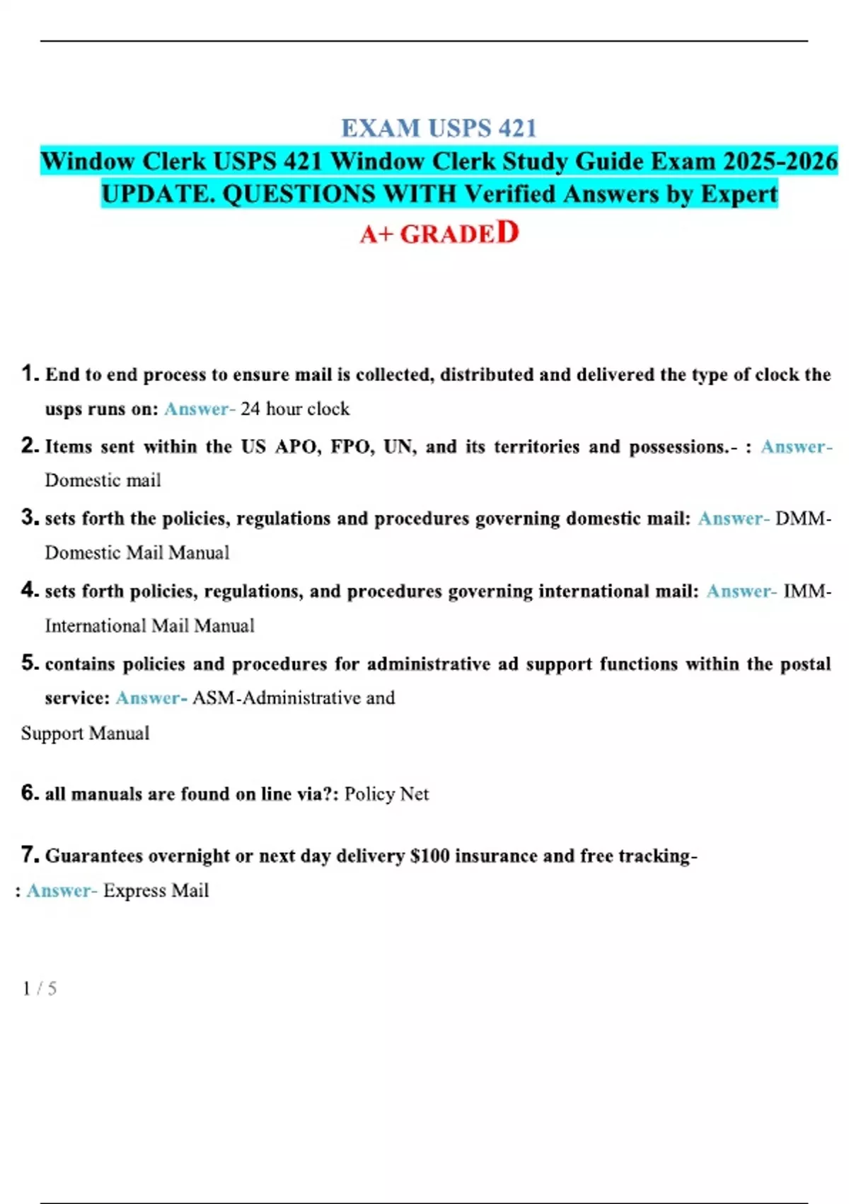 EXAM USPS 421 Window Clerk USPS 421 Window Clerk Study Guide Exam ...