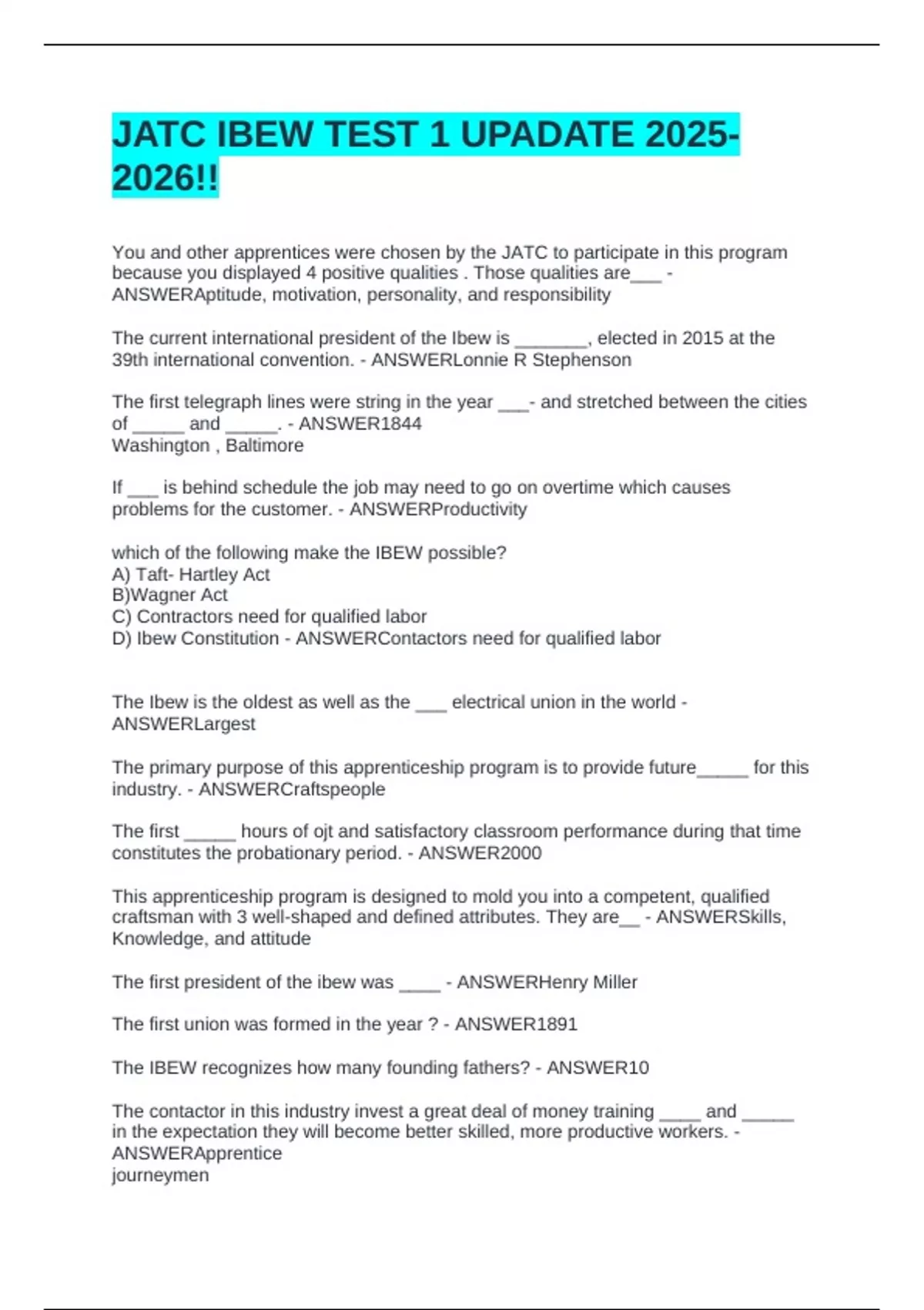 JATC IBEW TEST 1 UPDATE !! - JATC IBEW - Stuvia US