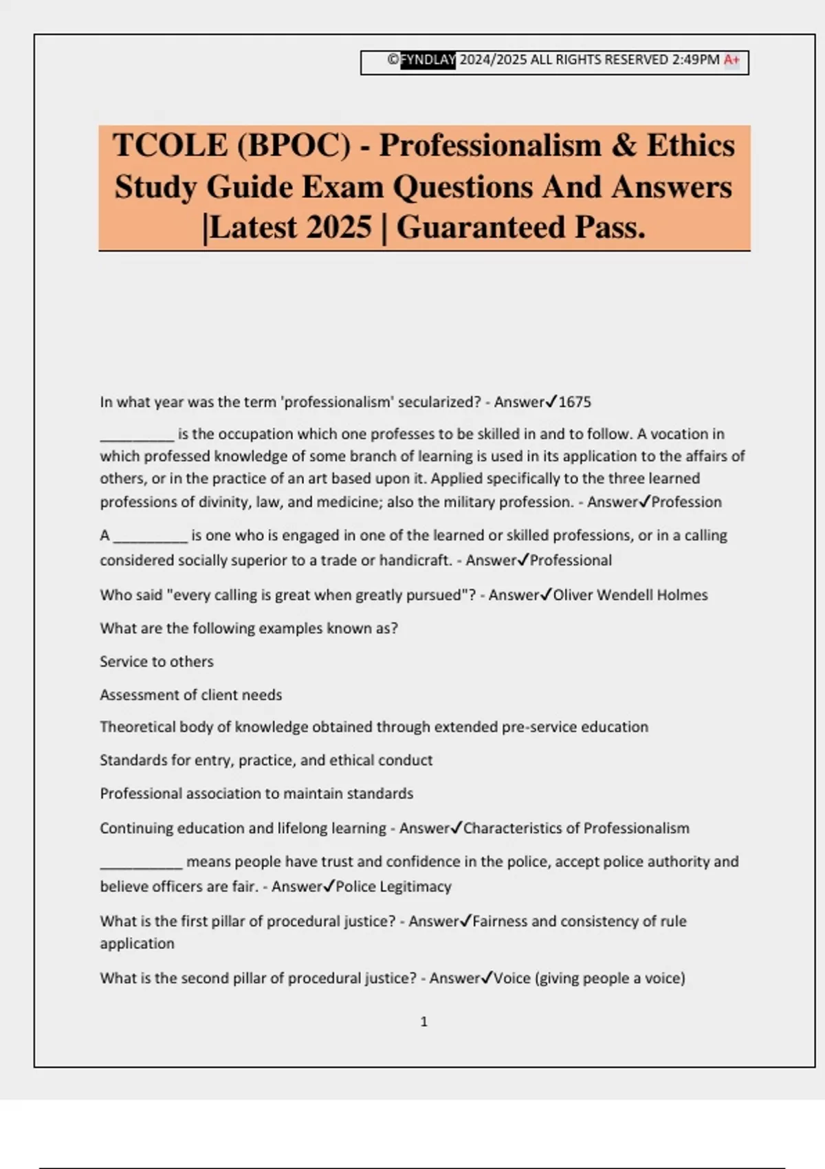 TCOLE (BPOC) - Professionalism & Ethics Study Guide Exam Questions And ...