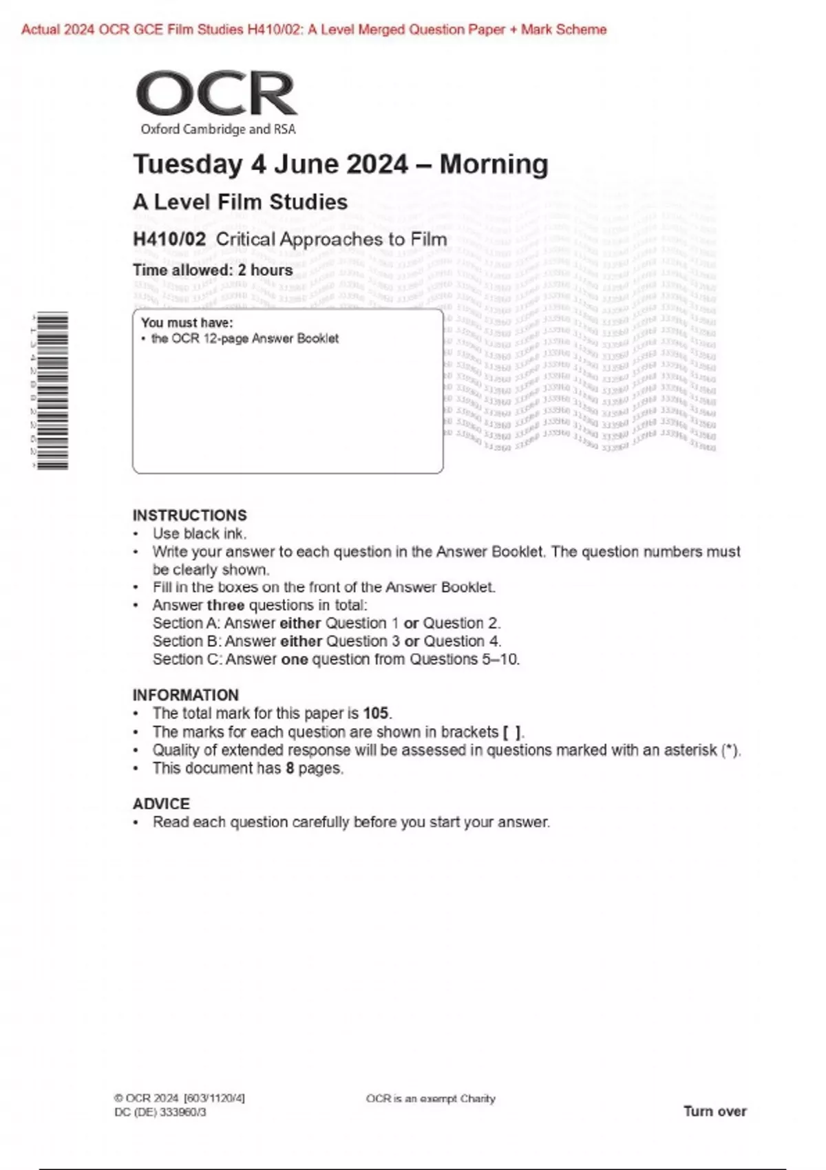 Actual 2024 OCR GCE Film Studies H410/02: Critical approaches to film A Level Merged Question ...