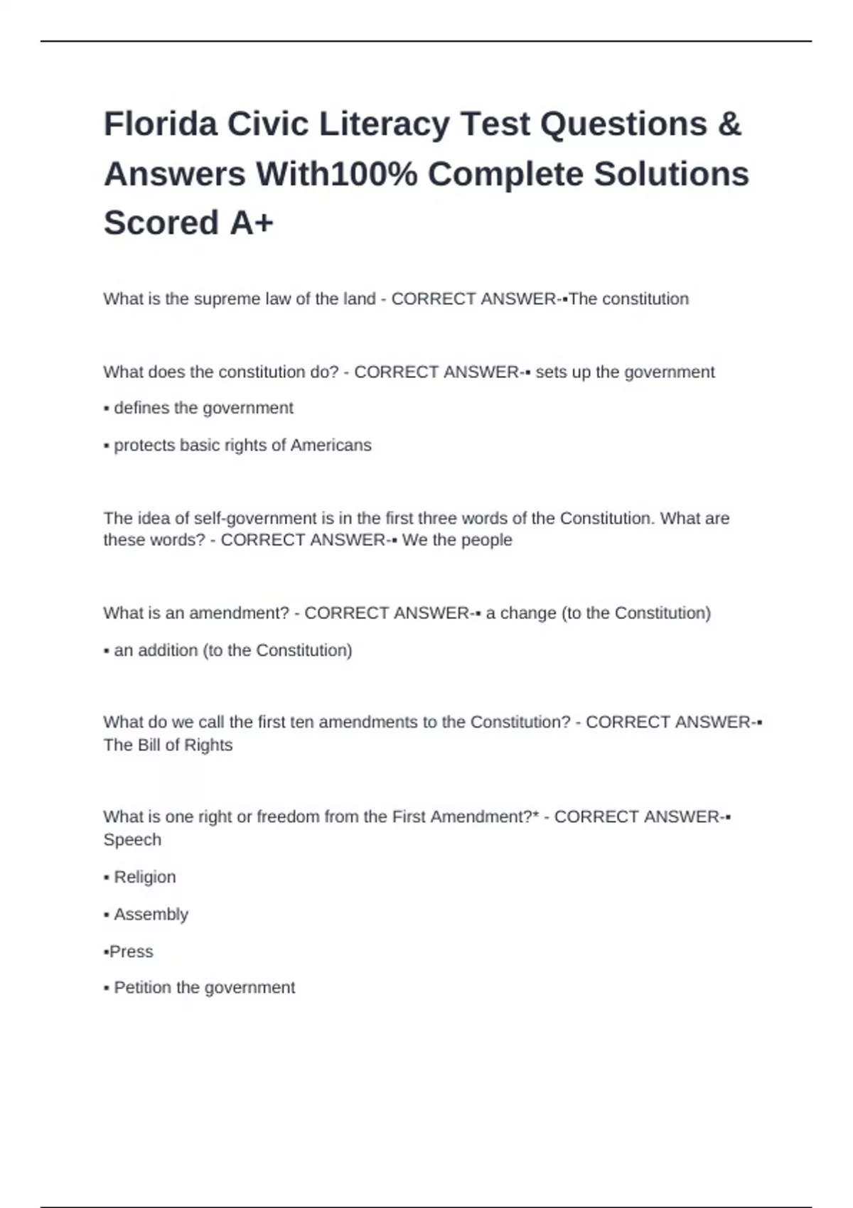 Florida Civic Literacy Test Questions & Answers With100% Complete ...