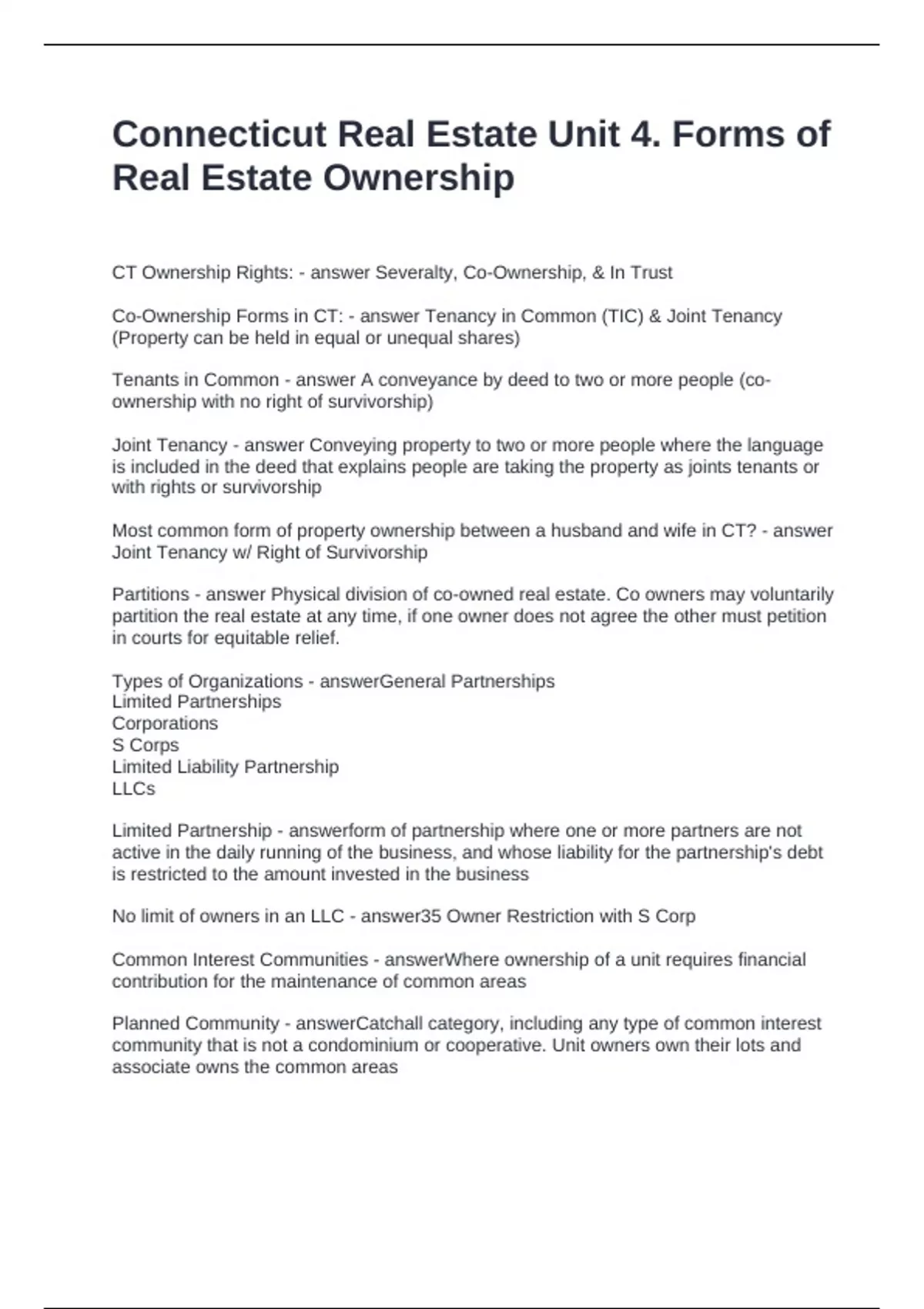 Connecticut Real Estate Unit 4. Forms of Real Estate Ownership ...
