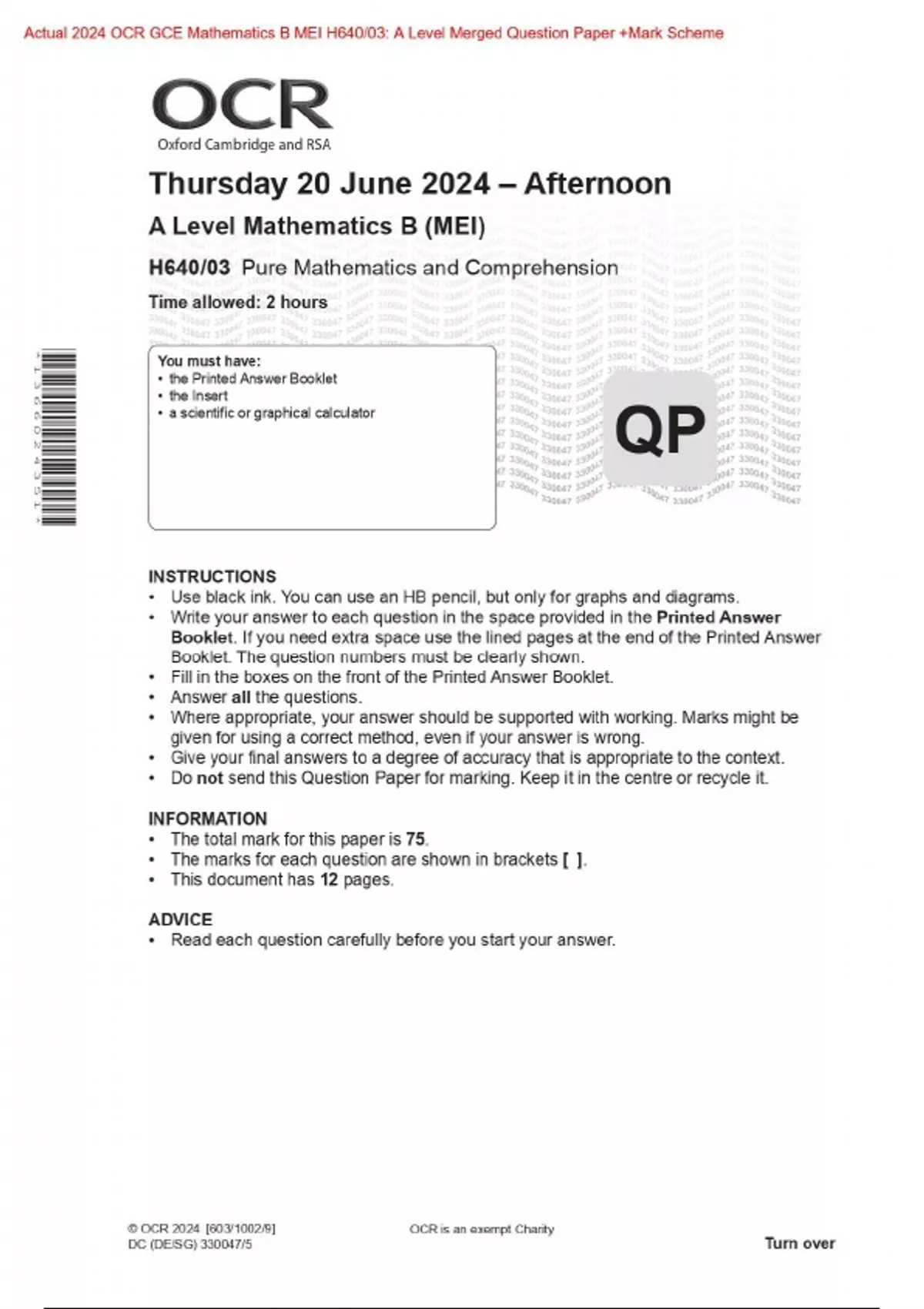 Actual 2024 OCR GCE Mathematics B MEI H640/03: Pure Mathematics and ComprehensionA Level Merged ...