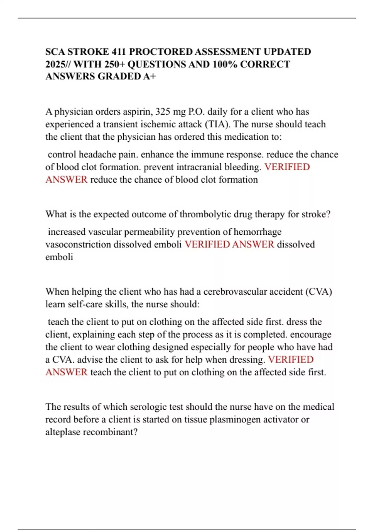 SCA STROKE 411 PROCTORED ASSESSMENT UPDATED 2025// WITH 250+ QUESTIONS AND 100% CORRECT ANSWERS ...
