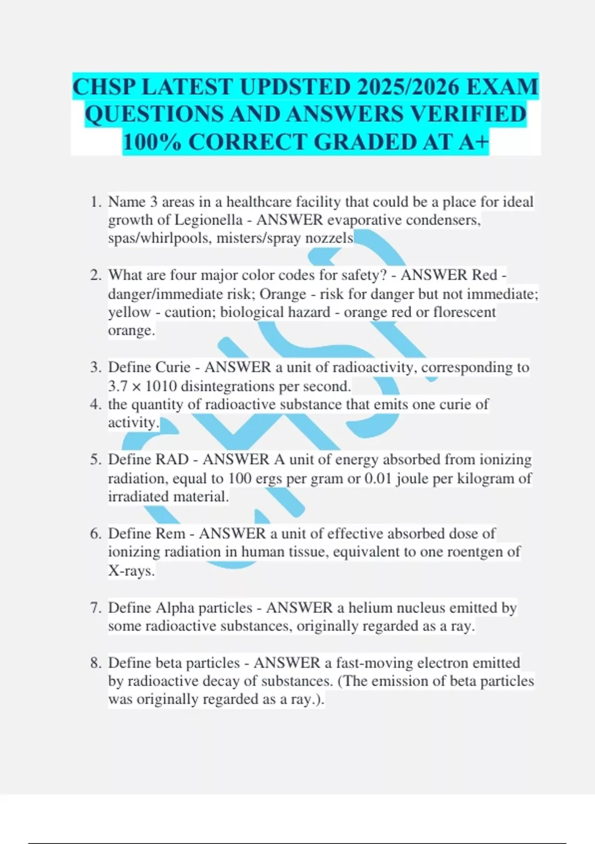 CHSP LATEST UPDSTED 2025/2026 EXAM QUESTIONS AND ANSWERS VERIFIED 100% ...