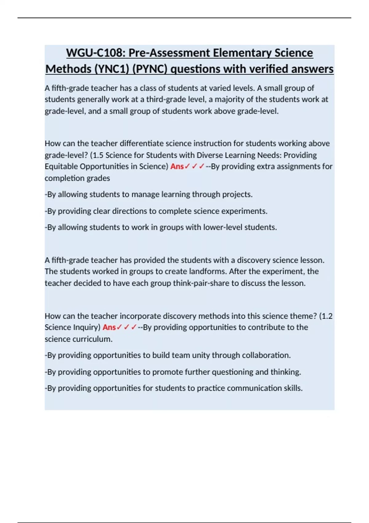 WGU-C108: Pre-Assessment Elementary Science Methods (YNC1) (PYNC ...
