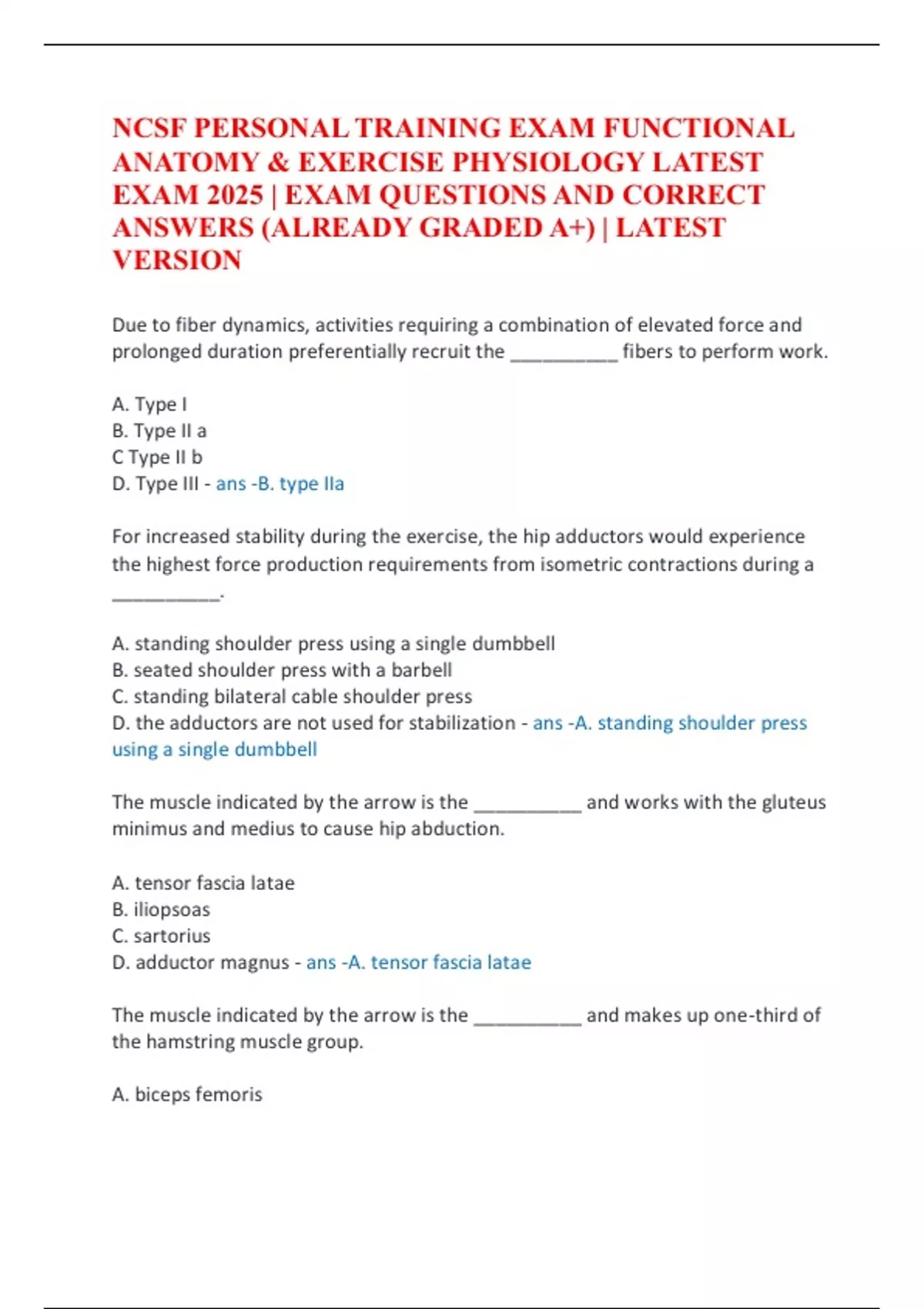 NCSF PERSONAL TRAINING EXAM FUNCTIONAL ANATOMY & EXERCISE PHYSIOLOGY ...