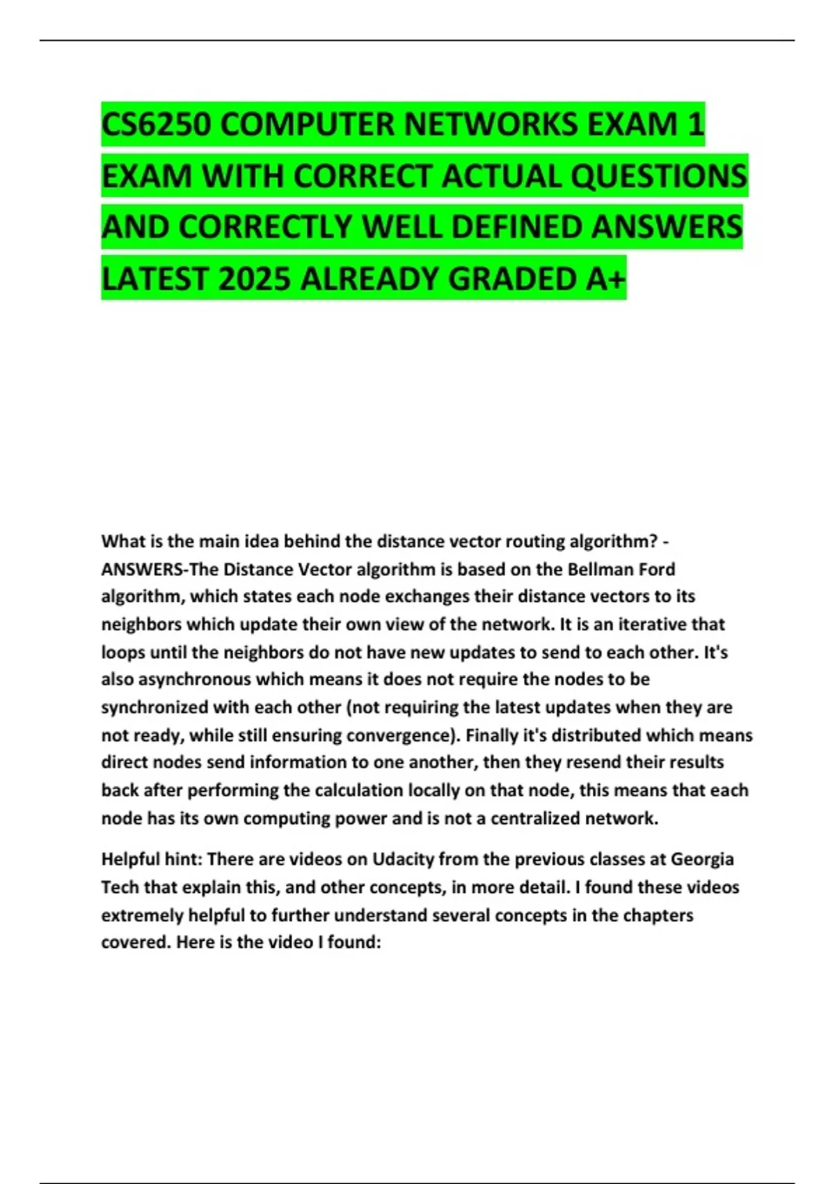 CS6250 COMPUTER NETWORKS EXAM 1 EXAM WITH CORRECT ACTUAL QUESTIONS AND CORRECTLY WELL DEFINED ...