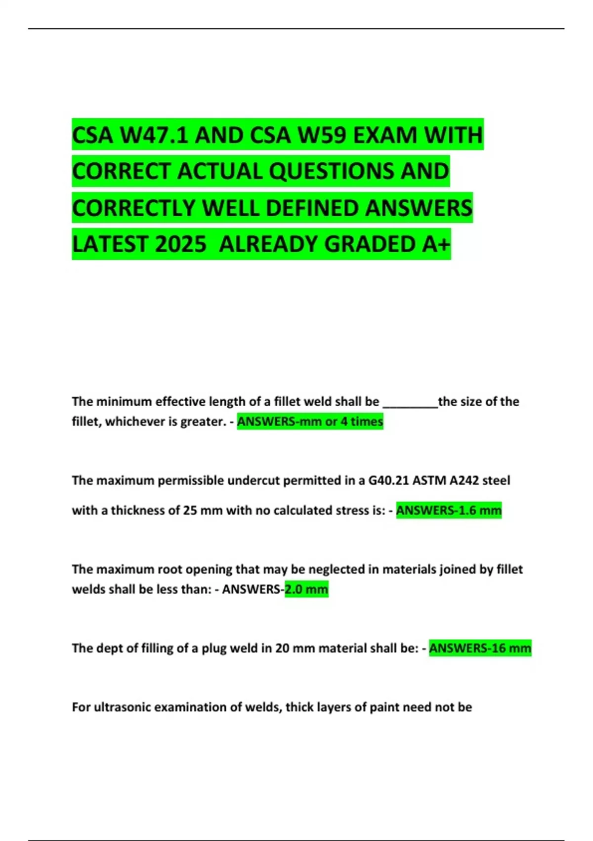 CSA W47.1 AND CSA W59 EXAM WITH CORRECT ACTUAL QUESTIONS AND CORRECTLY WELL DEFINED ANSWERS ...