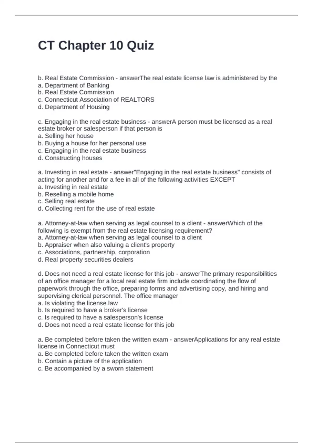 CT Chapter 10 Quiz Questions and Answers 100% Correct - Connecticut Real Estate - Stuvia US