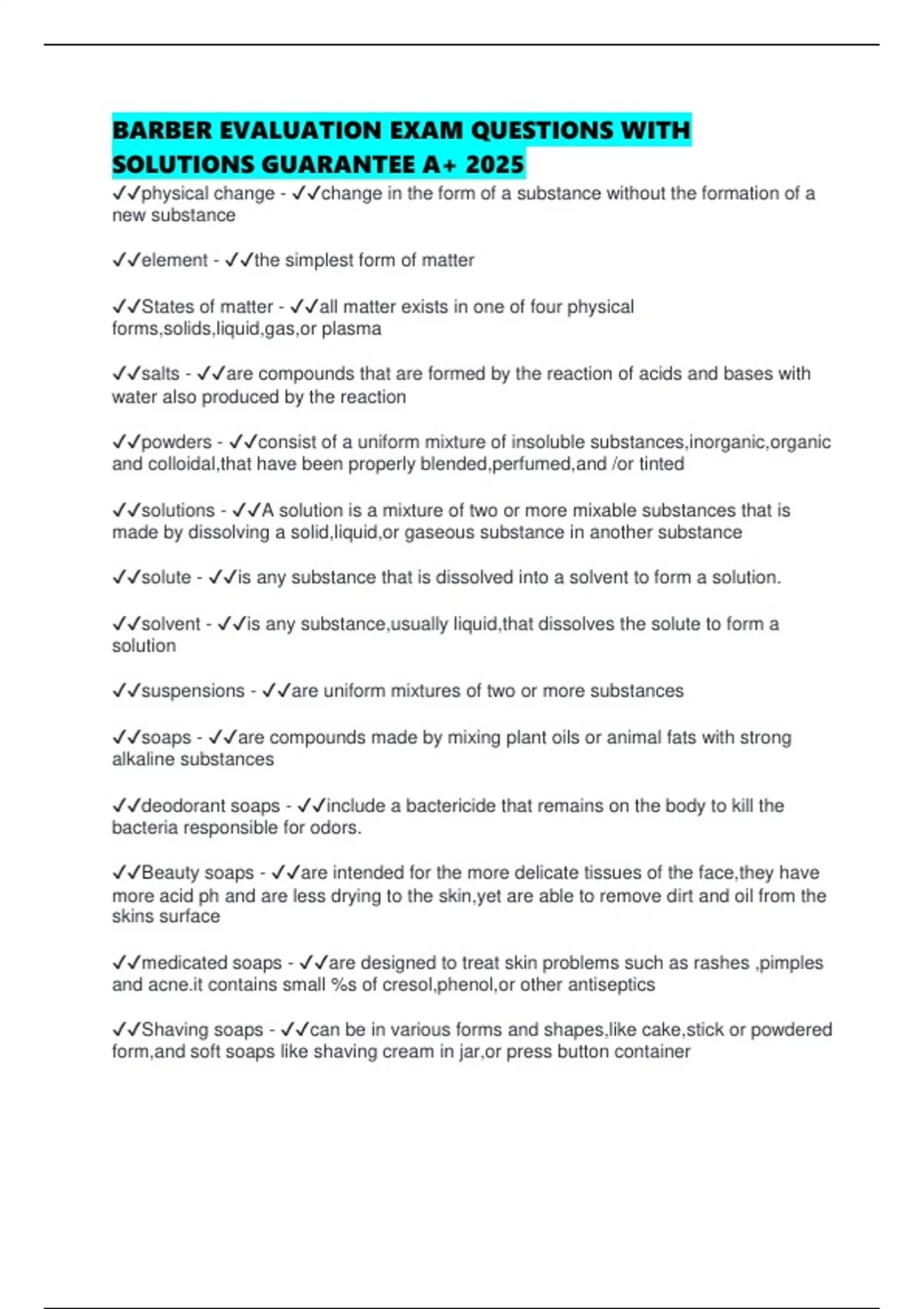 BARBER EVALUATION EXAM QUESTIONS WITH SOLUTIONS GUARANTEE A+ 2025 ...