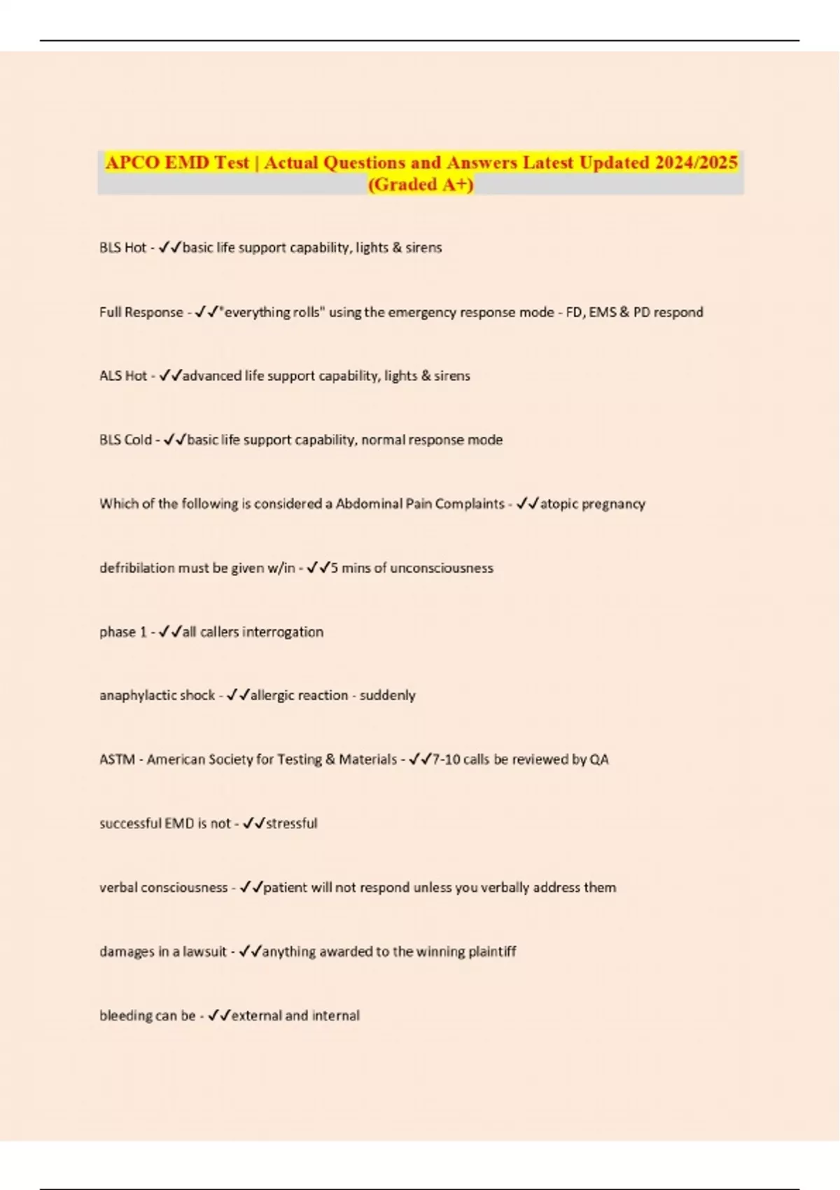 APCO EMD exam | Actual Questions and Answers Latest Updated 2024/2025 ...