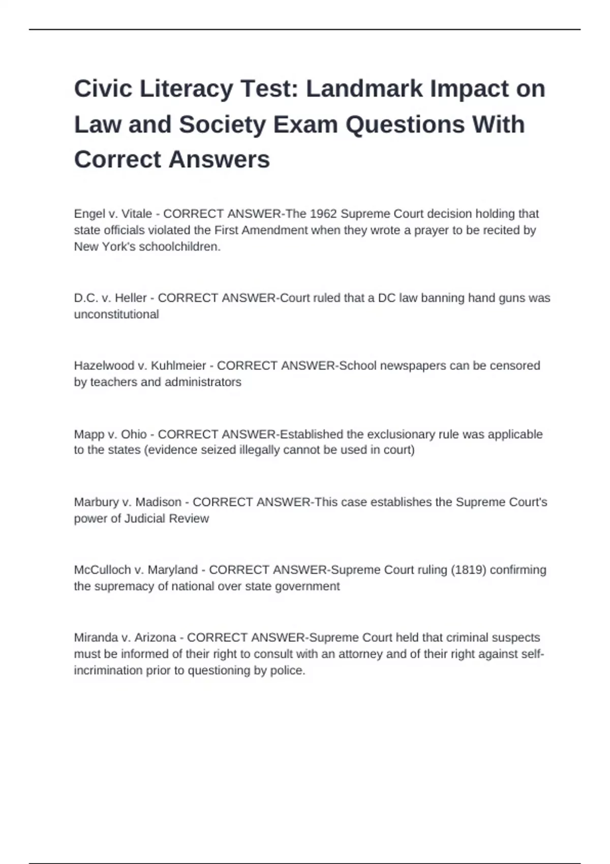 Civic Literacy Test: Landmark Impact on Law and Society Exam Questions ...
