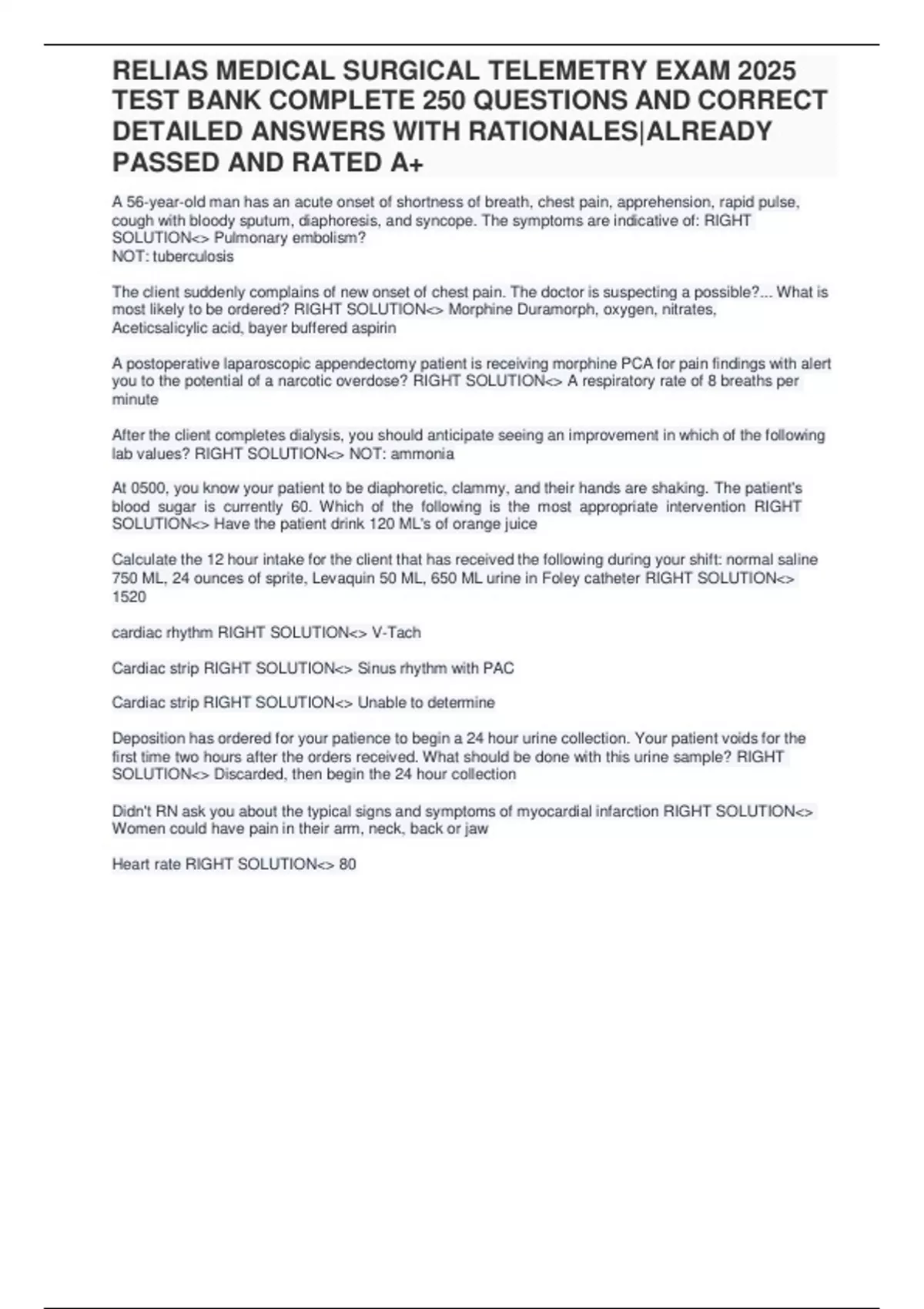 RELIAS MEDICAL SURGICAL TELEMETRY EXAM 2025 TEST BANK COMPLETE 250 ...