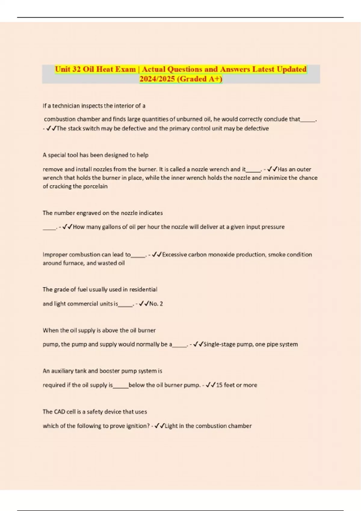 Oil Heat Exam | Actual Questions and Answers Latest Updated 2024/2025 ...