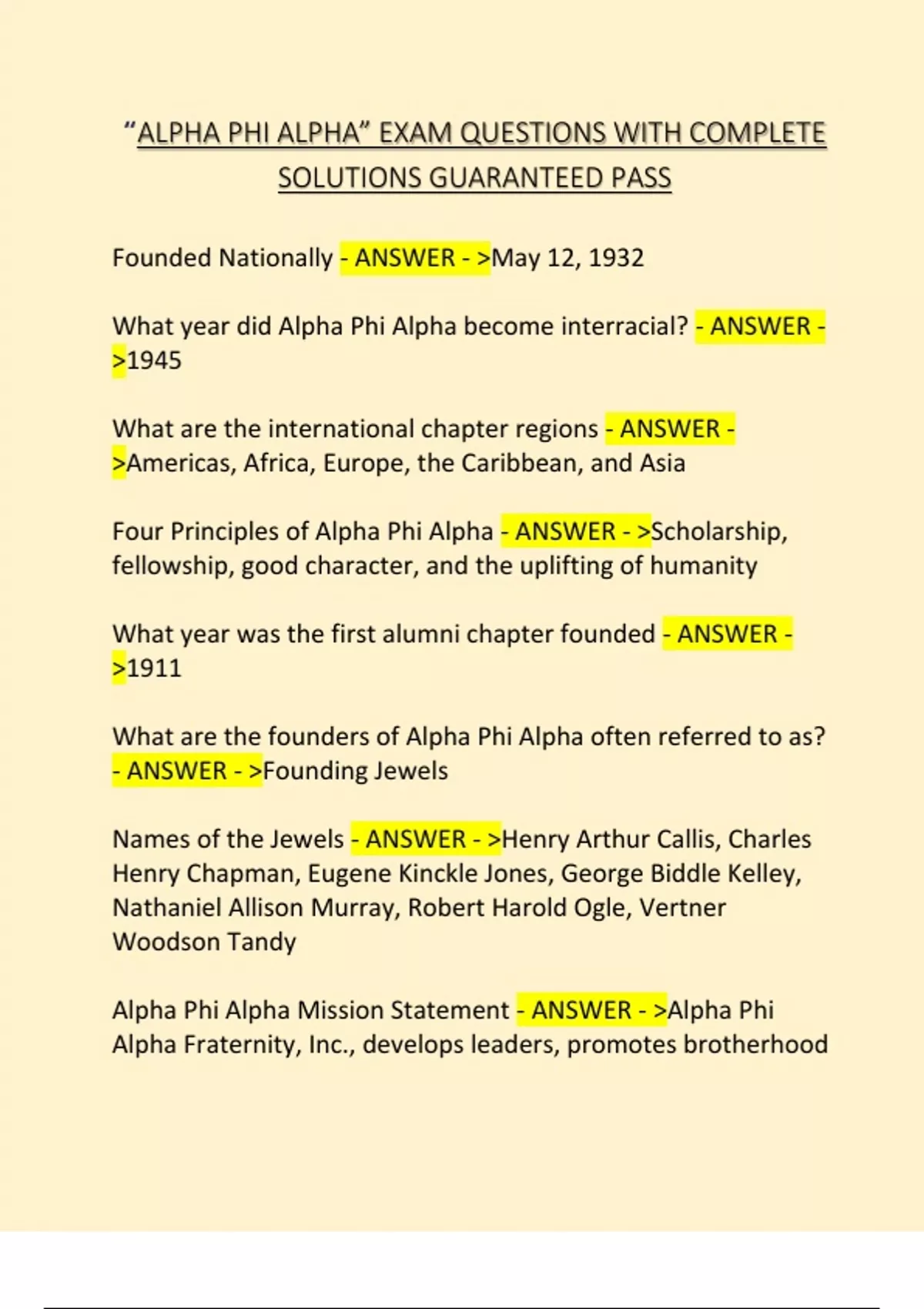 ALPHA PHI ALPHA” EXAM QUESTIONS WITH COMPLETE SOLUTIONS GUARANTEED PASS ...