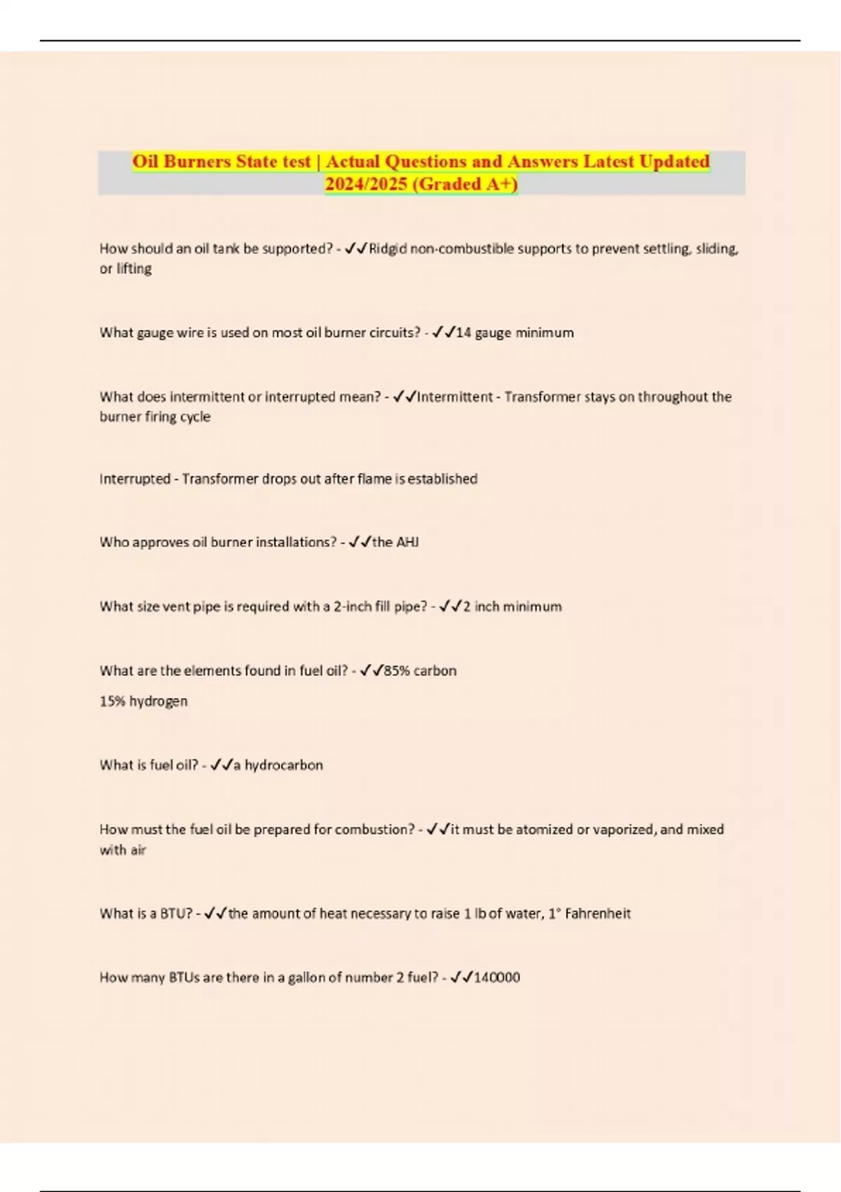 Oil Burner Exam | Actual Questions and Answers Latest Updated 2024/2025 ...