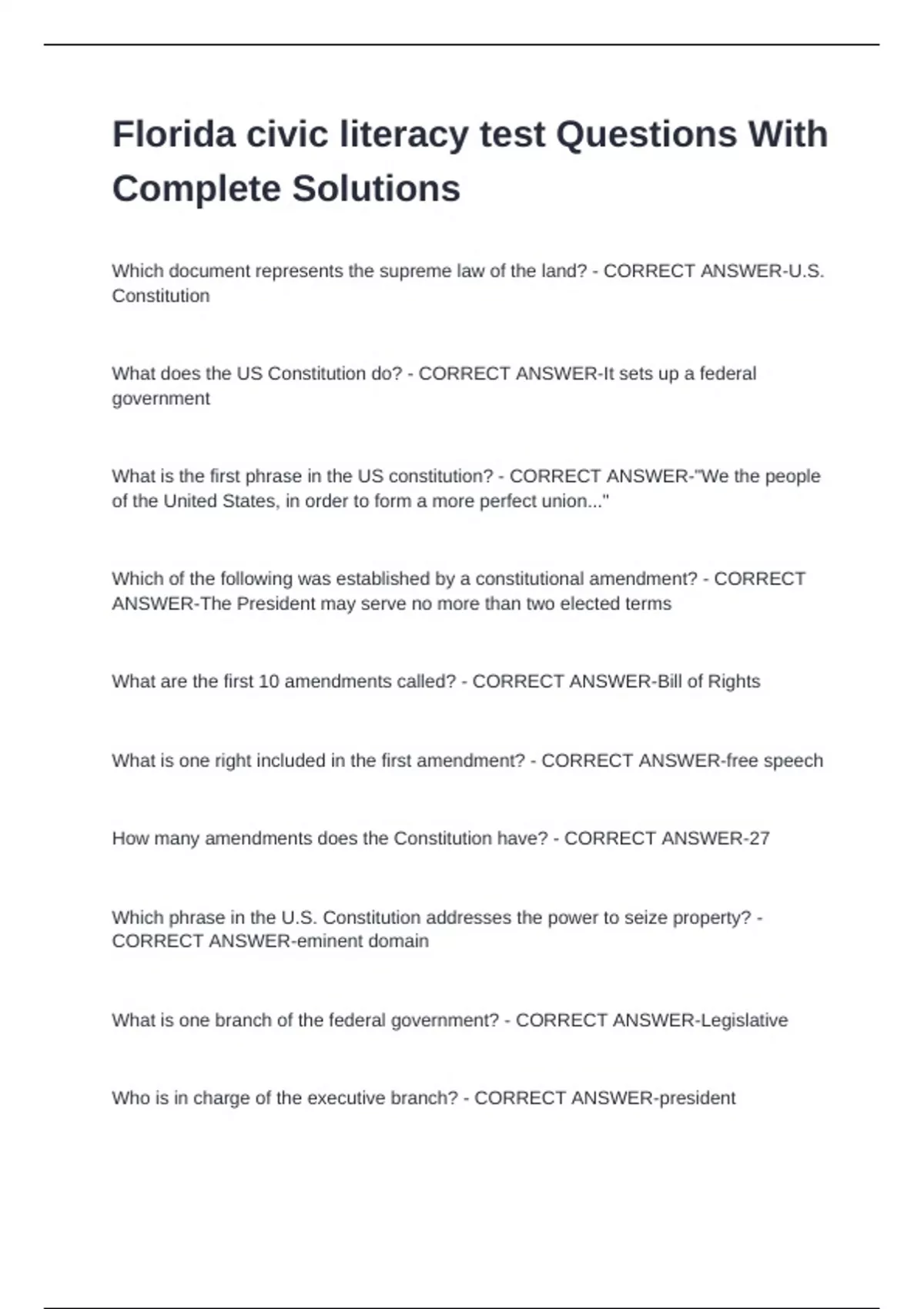 Florida civic literacy test Questions With Complete Solutions - Florida ...