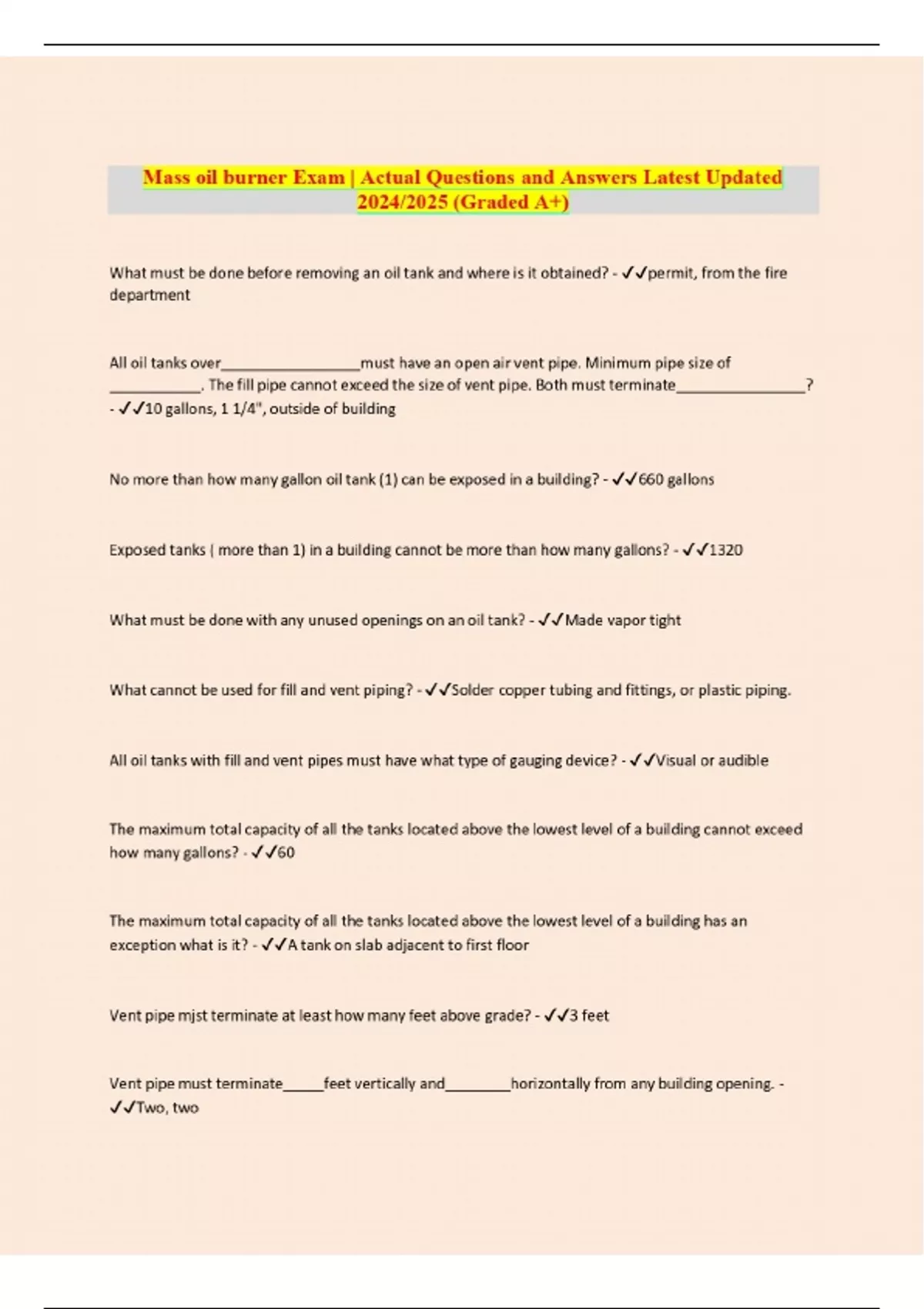 Oil Burner Exam | Actual Questions and Answers Latest Updated 2024/2025 ...