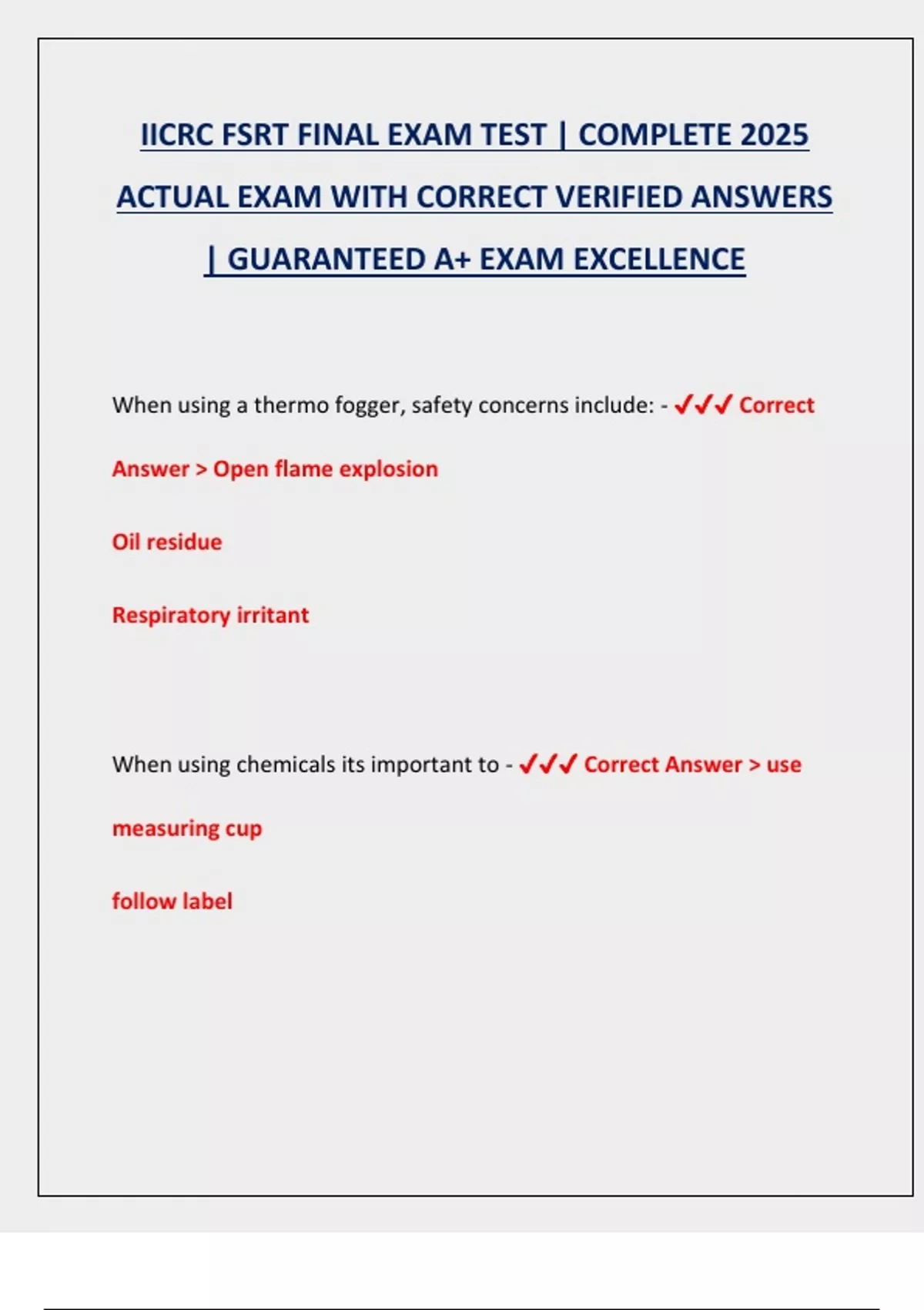 IICRC FSRT FINAL EXAM TEST | COMPLETE 2025 ACTUAL EXAM WITH CORRECT ...