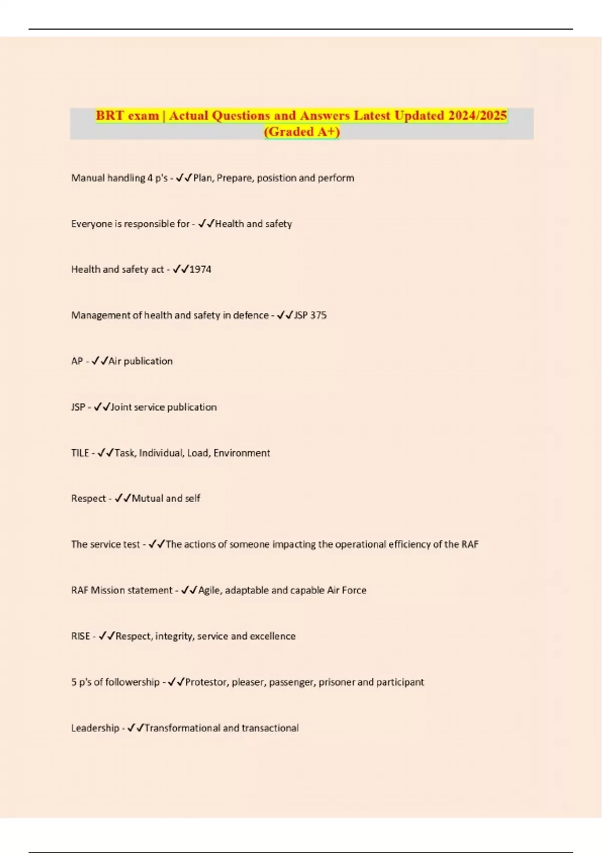 BRT exam | Actual Questions and Answers Latest Updated 2024/2025 ...