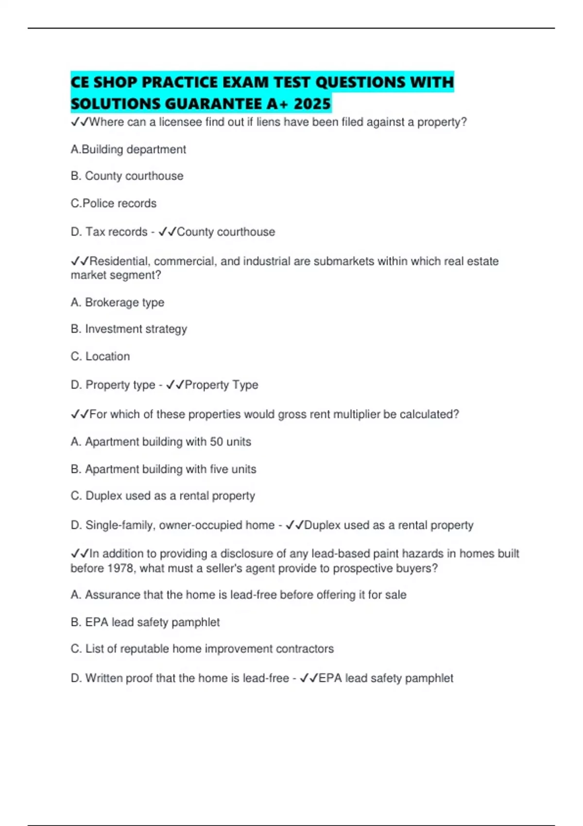 CE SHOP PRACTICE EXAM TEST QUESTIONS WITH SOLUTIONS GUARANTEE A+ 2025 ...