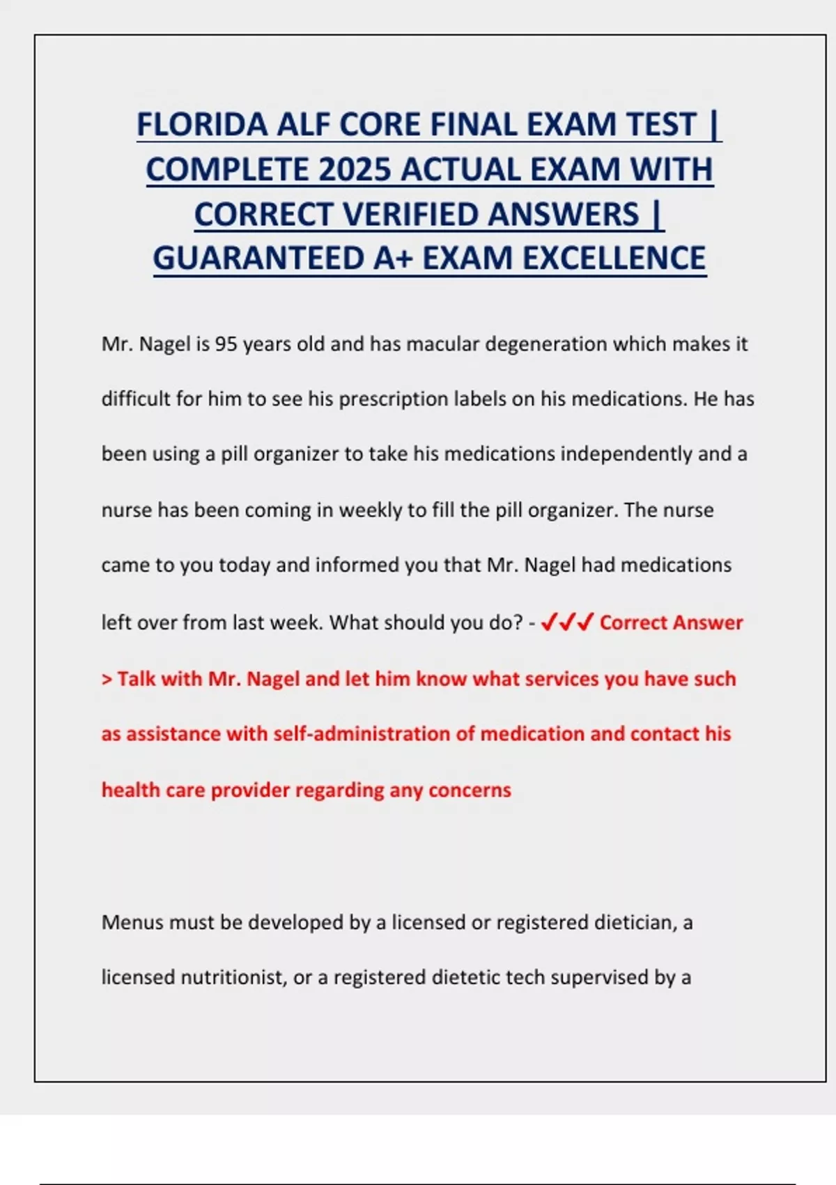 FLORIDA ALF CORE FINAL EXAM TEST | COMPLETE 2025 ACTUAL EXAM WITH ...