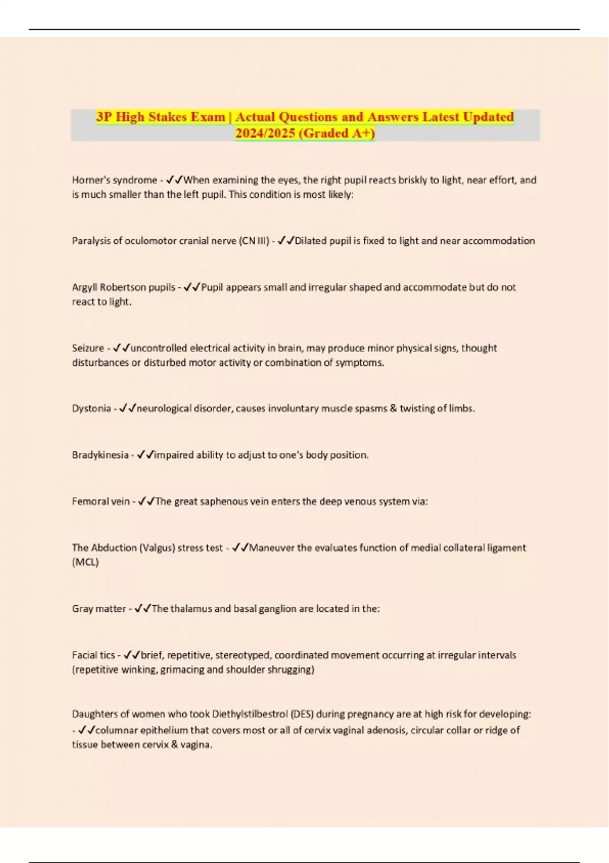 3P High Stakes Exam | Actual Questions and Answers Latest Updated 2024/ ...