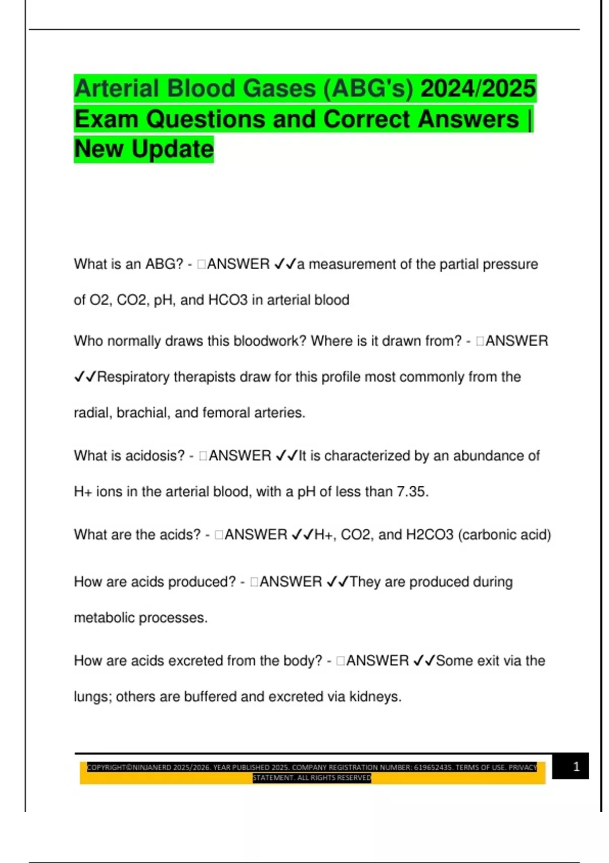 Arterial Blood Gases (ABG's) 2024/2025 Exam Questions and Correct ...