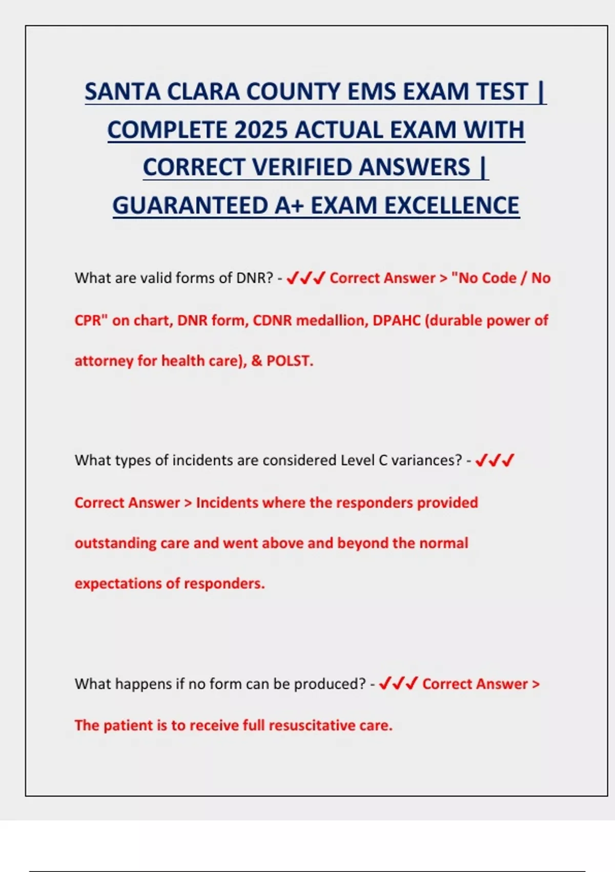 SANTA CLARA COUNTY EMS EXAM TEST | COMPLETE 2025 ACTUAL EXAM WITH ...