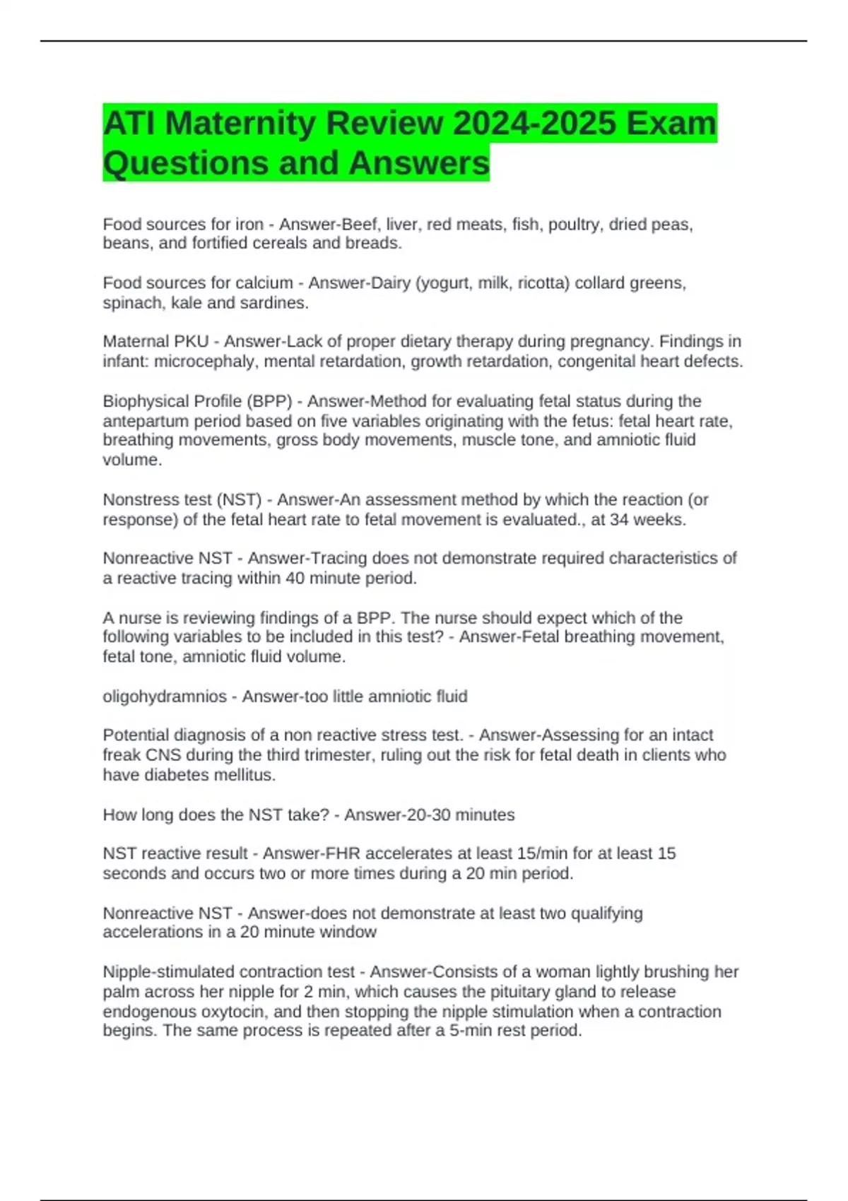 ATI Maternity Review Exam Questions and Answers - ATI maternity - Stuvia US