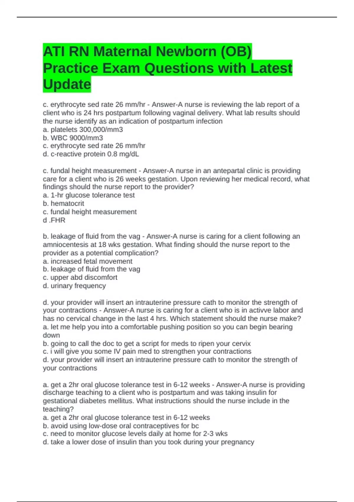 ATI RN Maternal Newborn (OB) Practice Exam Questions with Latest Update ...