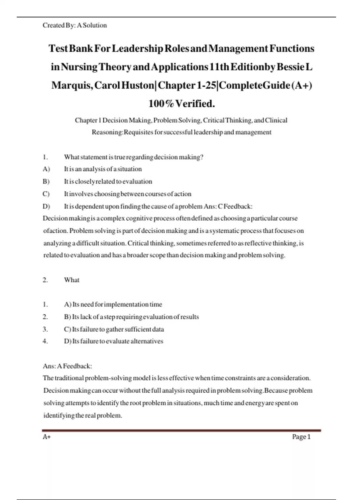 Test Bank For Leadership Roles and Management Functions in Nursing ...