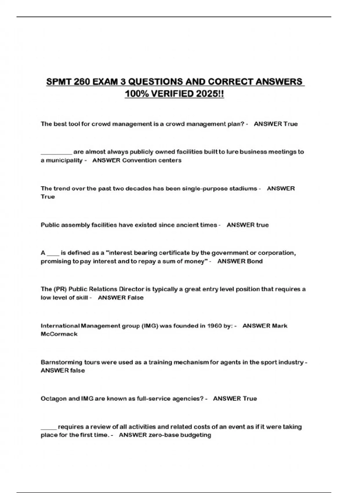 SPMT 260 EXAM 3 QUESTIONS AND CORRECT ANSWERS 100% VERIFIED 2025 ...