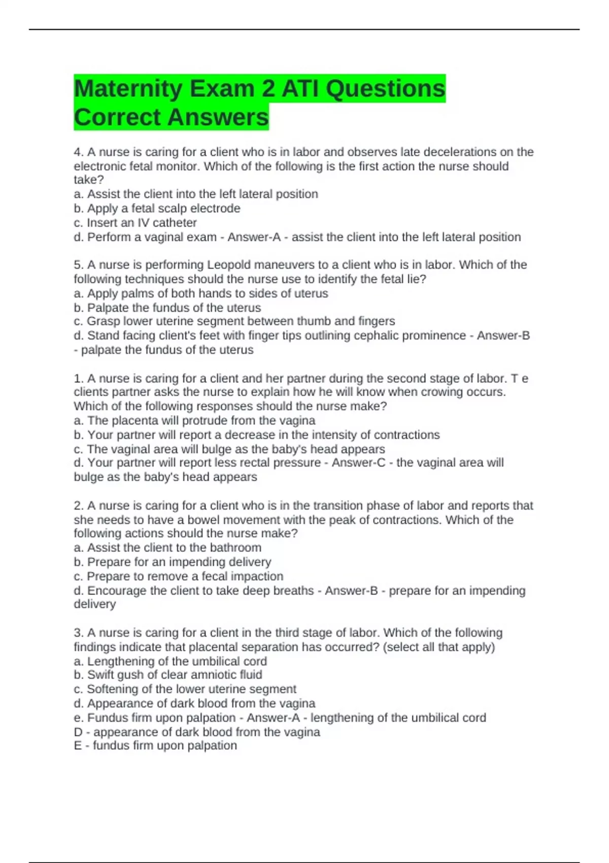 Maternity Exam 2 ATI Questions Correct Answers - ATI maternity - Stuvia US