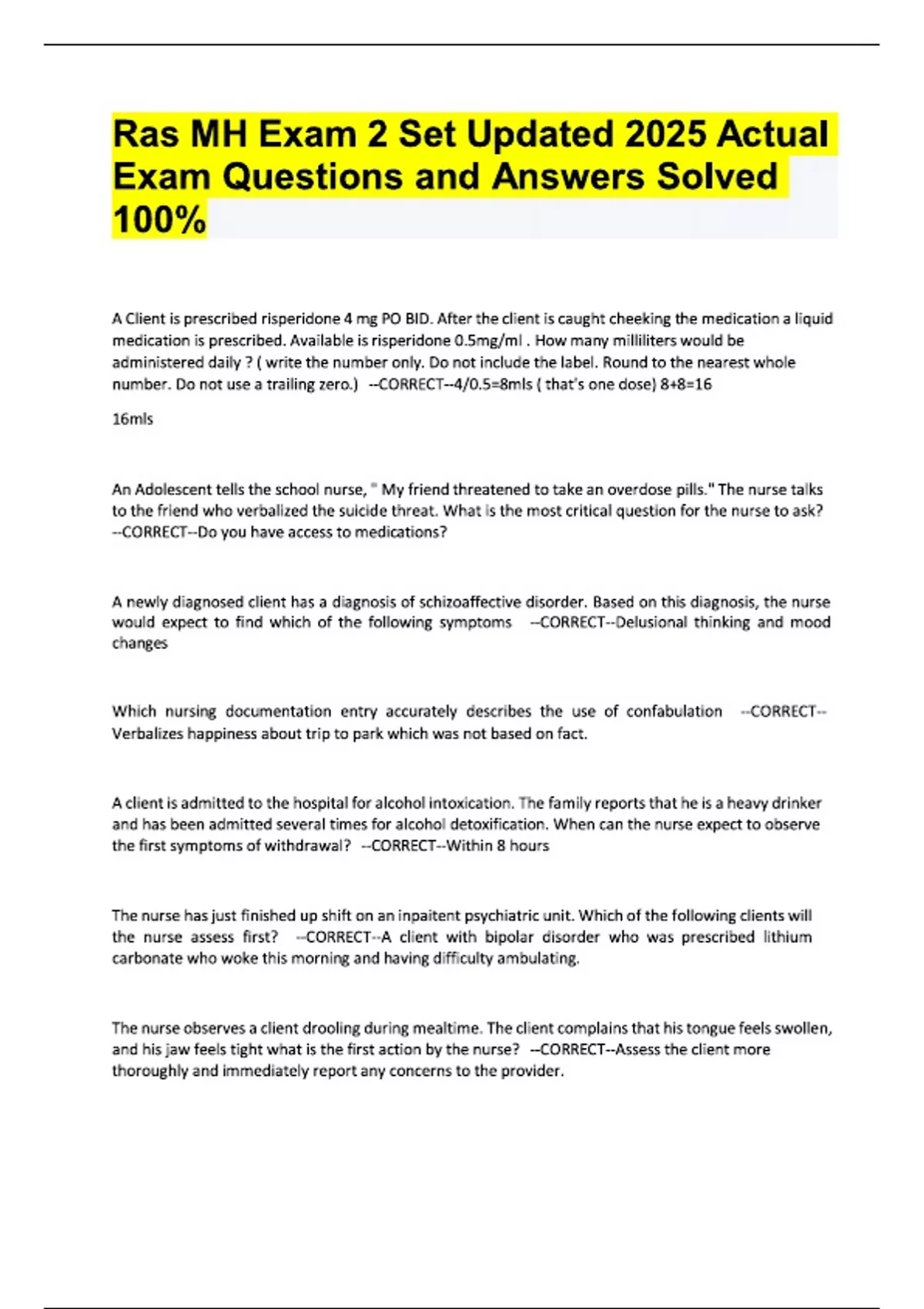 Ras MH Exam 2 Set Updated 2025 Actual Exam Questions and Answers Solved ...