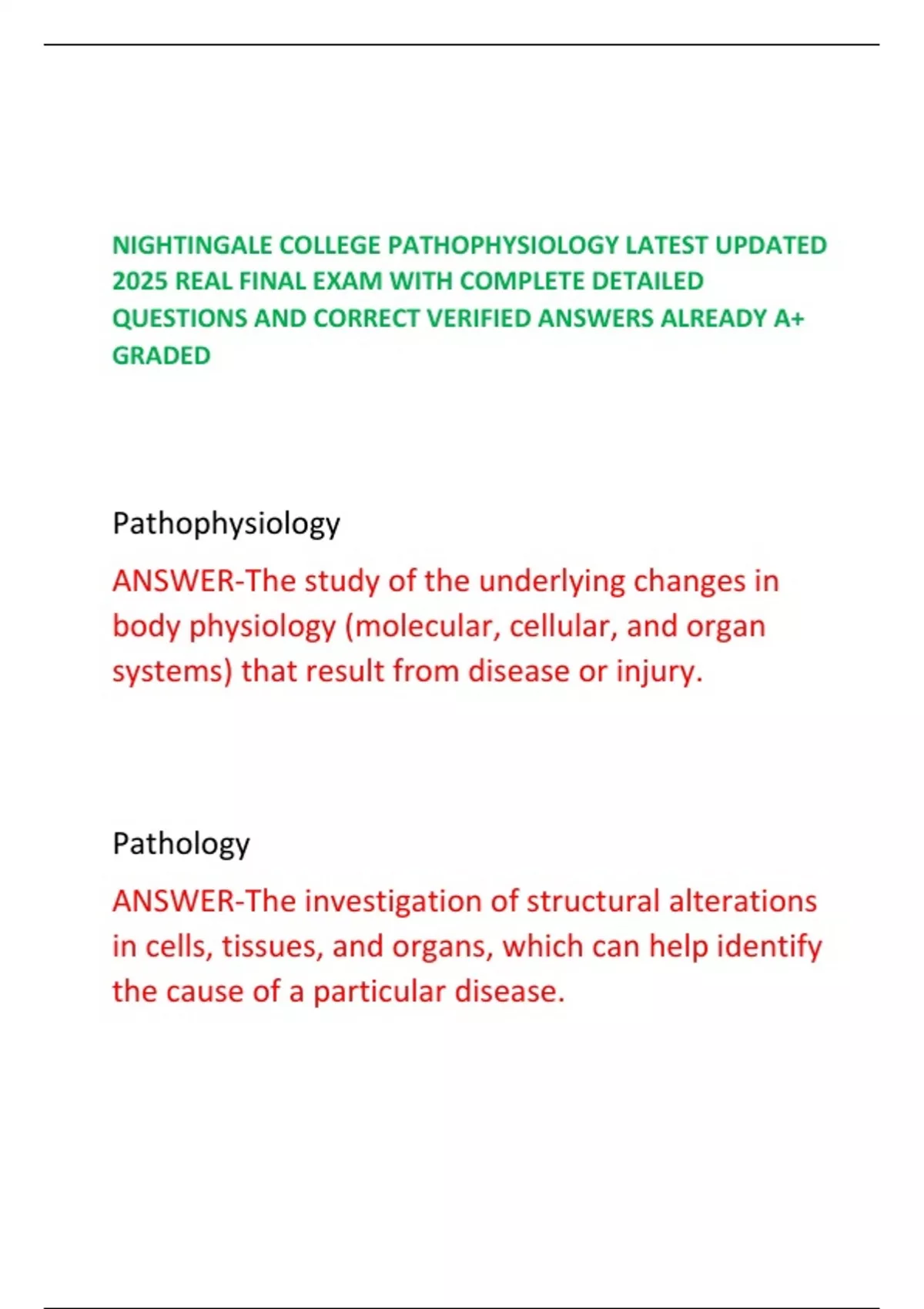 NIGHTINGALE COLLEGE PATHOPHYSIOLOGY LATEST UPDATED 2025 REAL FINAL EXAM ...