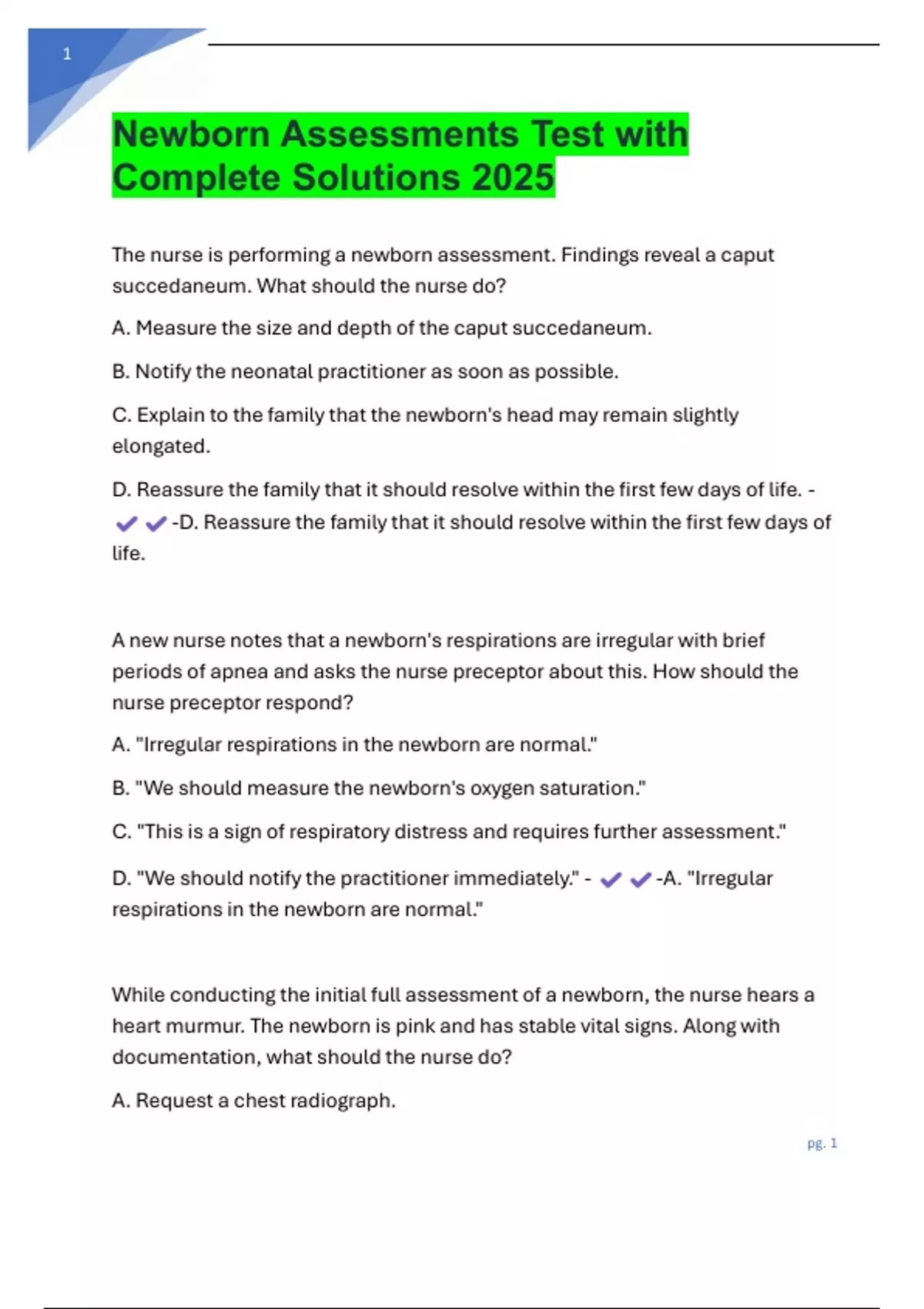 Newborn Assessments Test with Complete Solutions 2025 - Newborn ...
