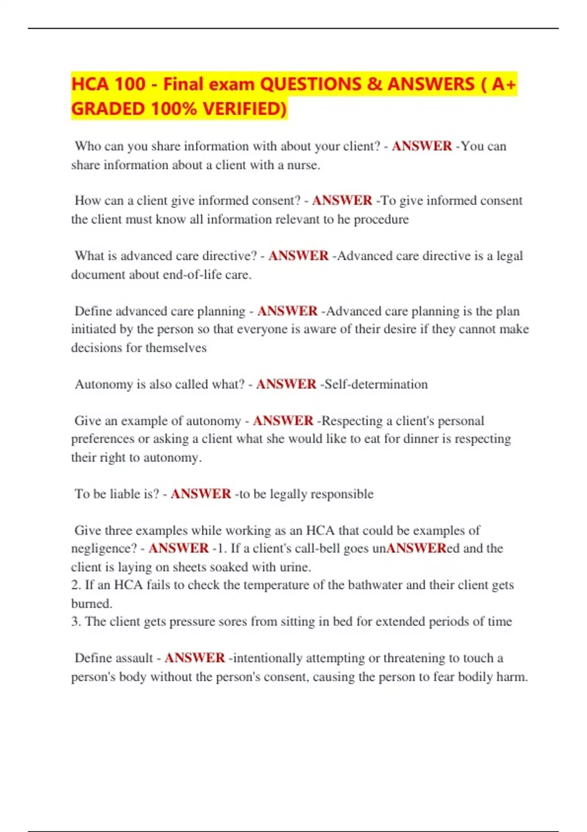 HCA 100 - Final exam QUESTIONS & ANSWERS ( A+ GRADED 100% VERIFIED) - HCA 100 - - Stuvia US