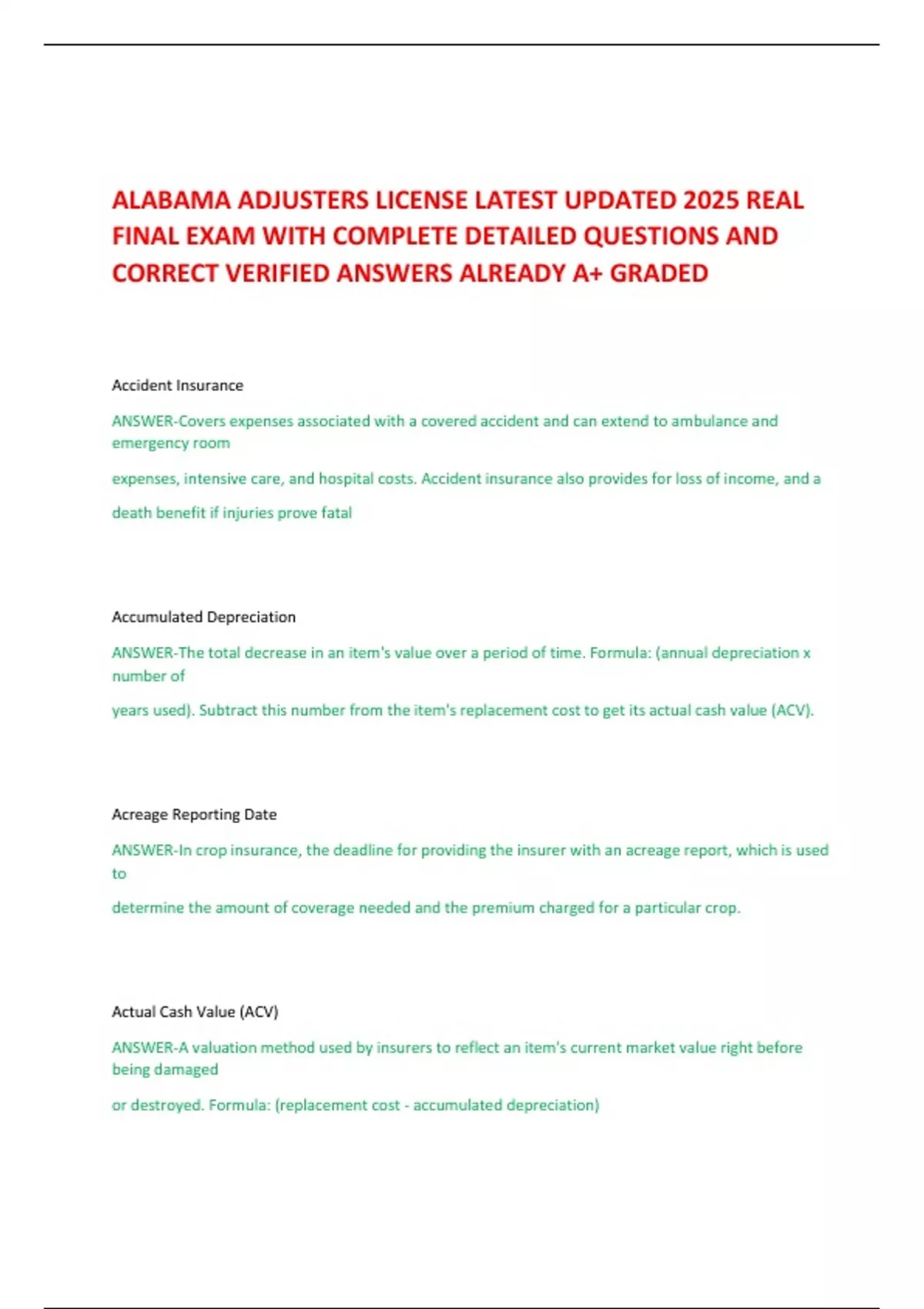 ALABAMA ADJUSTERS LICENSE LATEST UPDATED 2025 REAL FINAL EXAM WITH ...