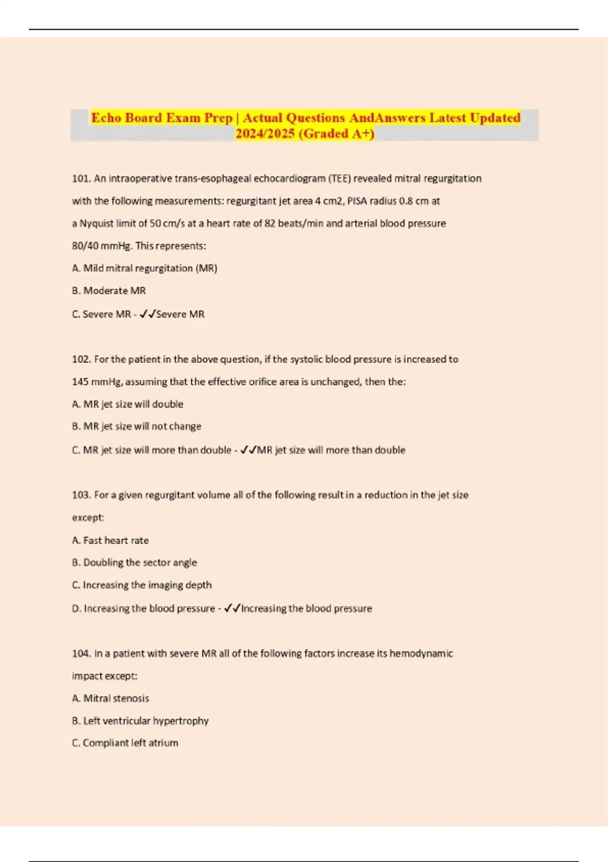 ECHO Exam | Actual Questions And Answers Latest Updated 2024/2025 ...