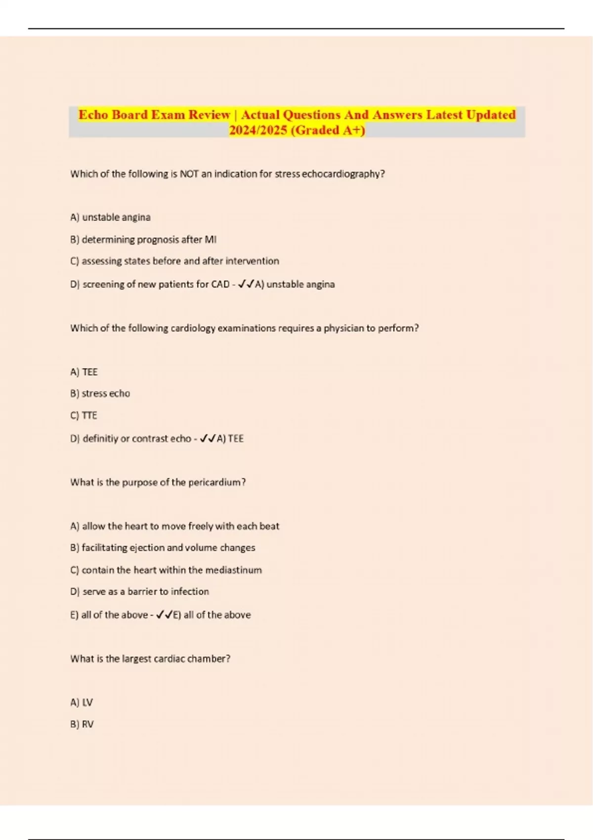 ECHO Exam | Actual Questions And Answers Latest Updated 2024/2025 ...