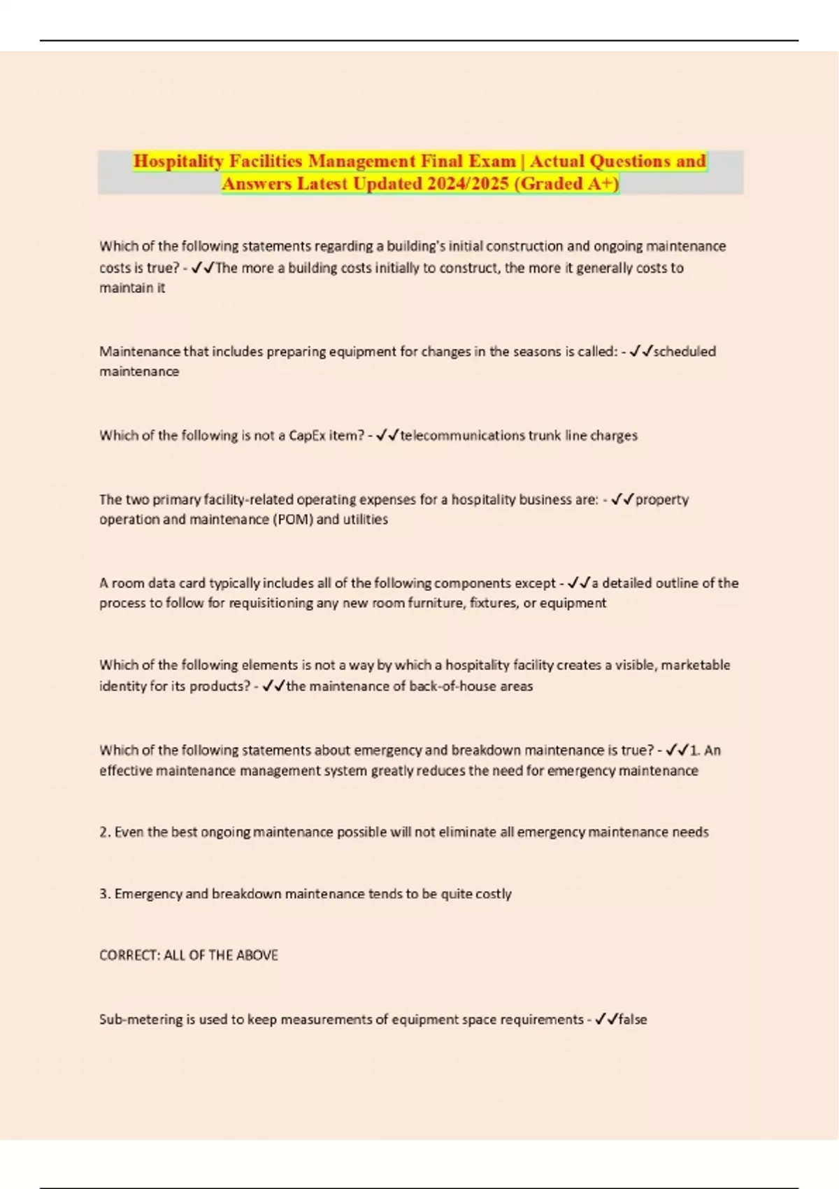 Hospitality Facilities Management Exam | Actual Questions and Answers ...